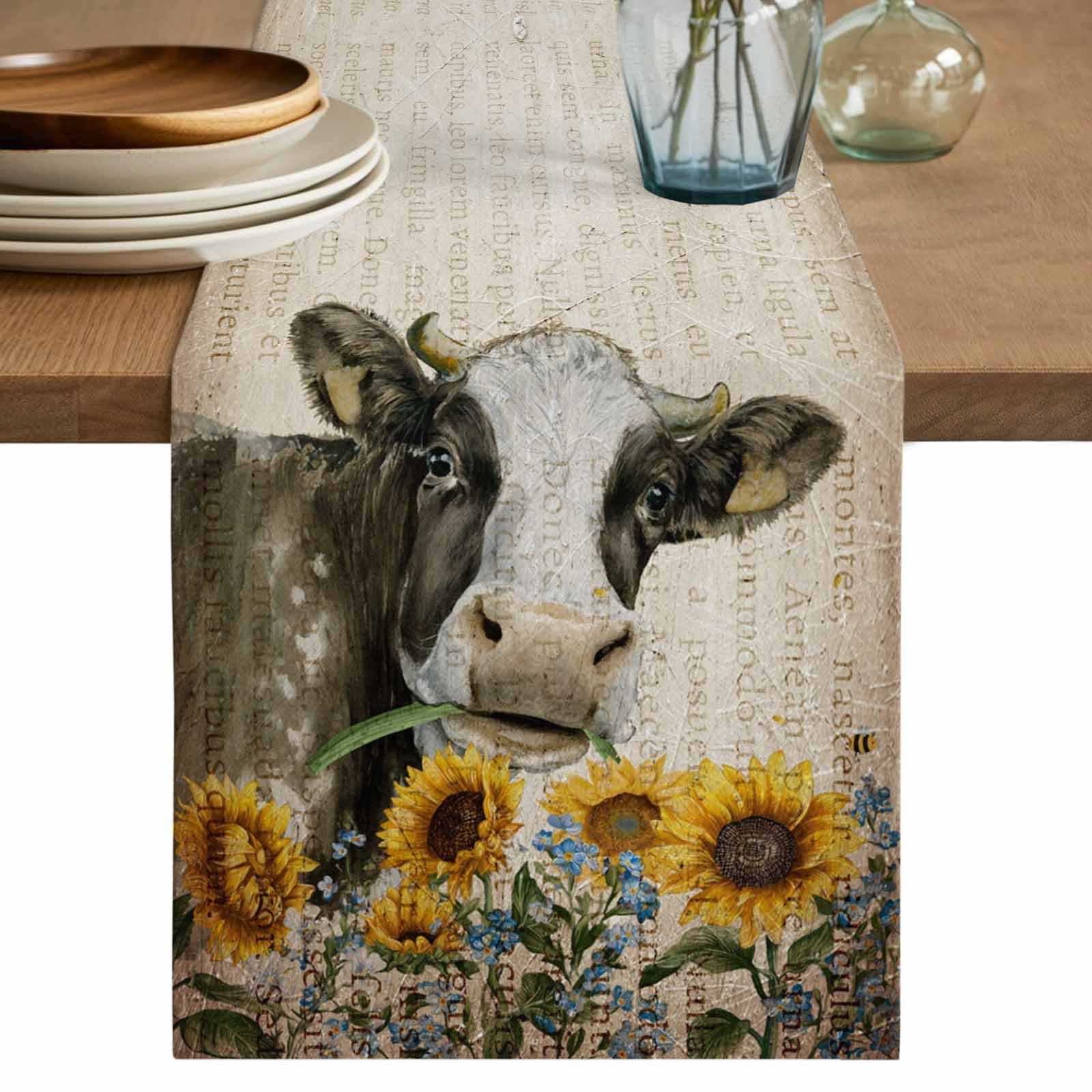 Sunflowers Cow Table Runner 72 Inches, Vintage Farmhouse Animals ...