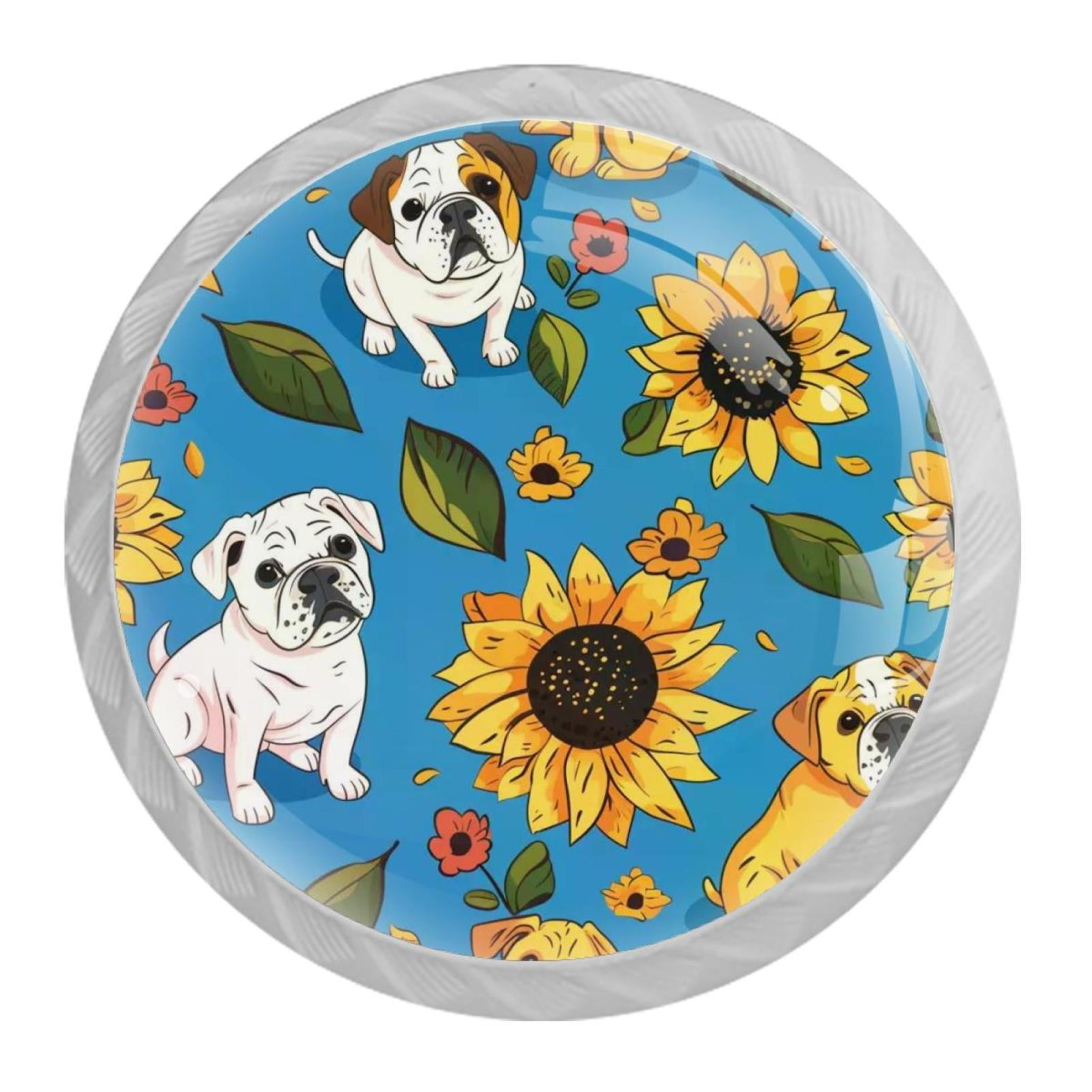 Sunflowers Dog Cute Drawer Knobs, 4 Piece Set Decorative Kitchen Knobs ...