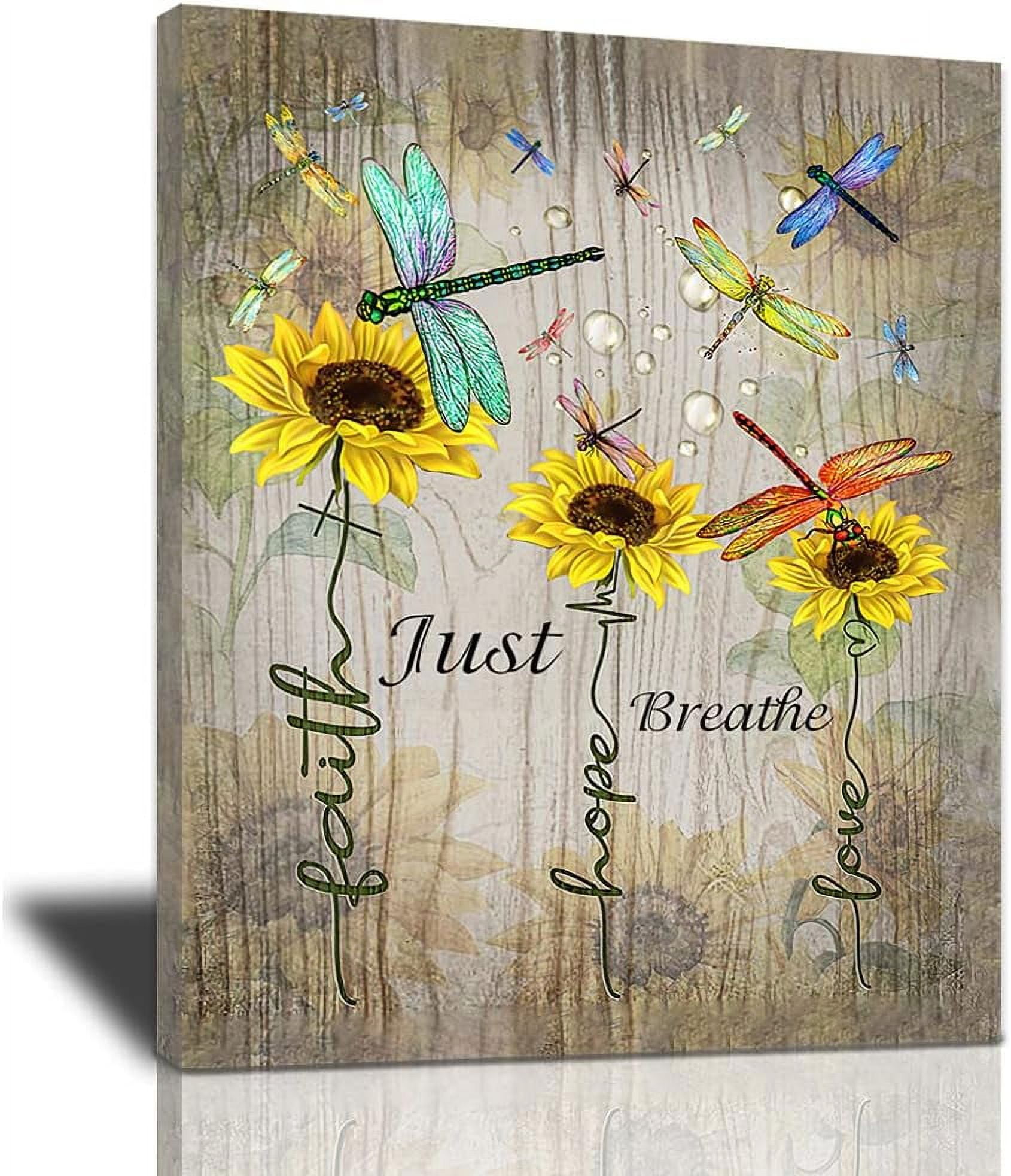 Sunflowers Dragonflies Decor Canvas Wall Art Just Breathe Inspirational ...