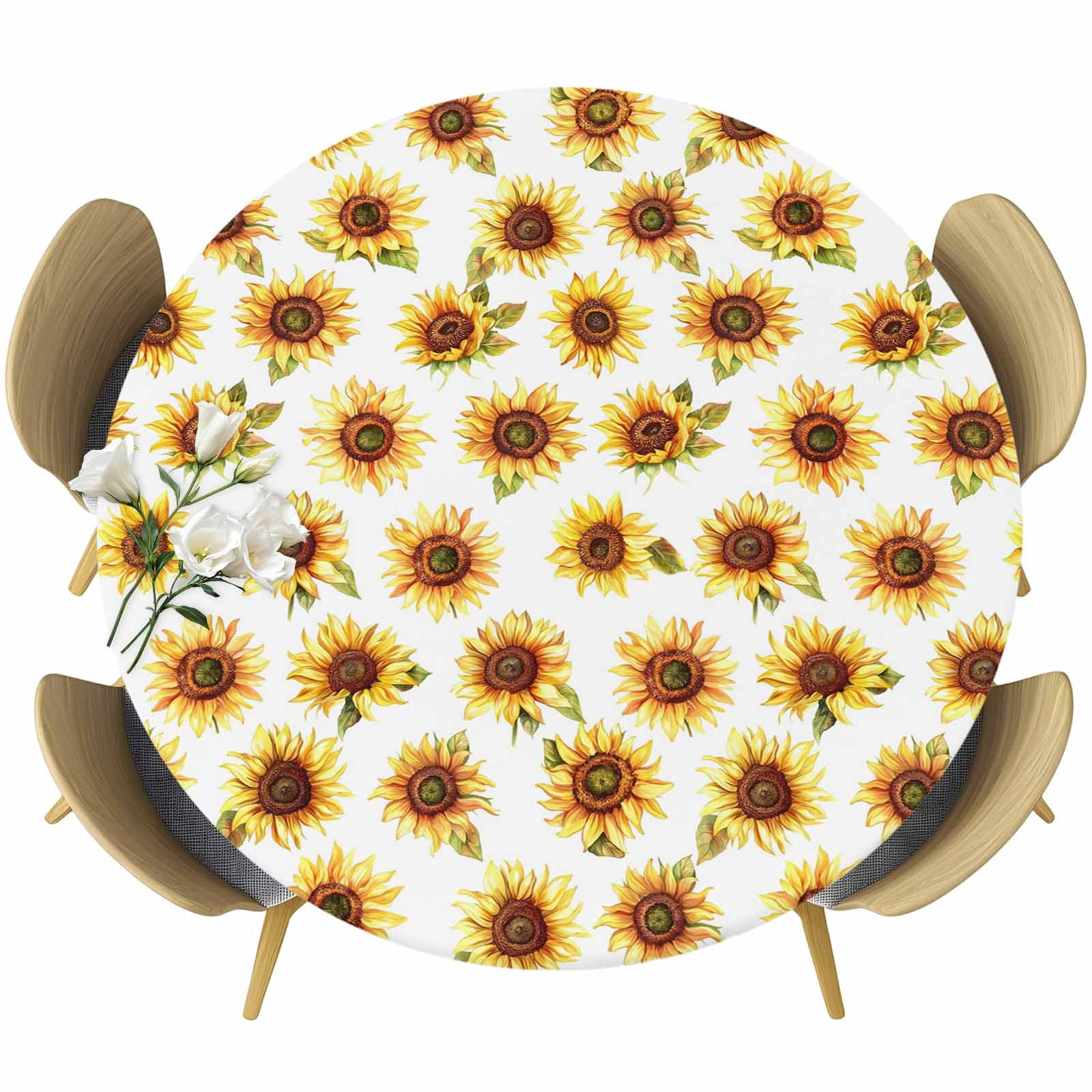 Sunflowers Fall Round Tablecloth, Fitted Table Cover with Elastic for ...
