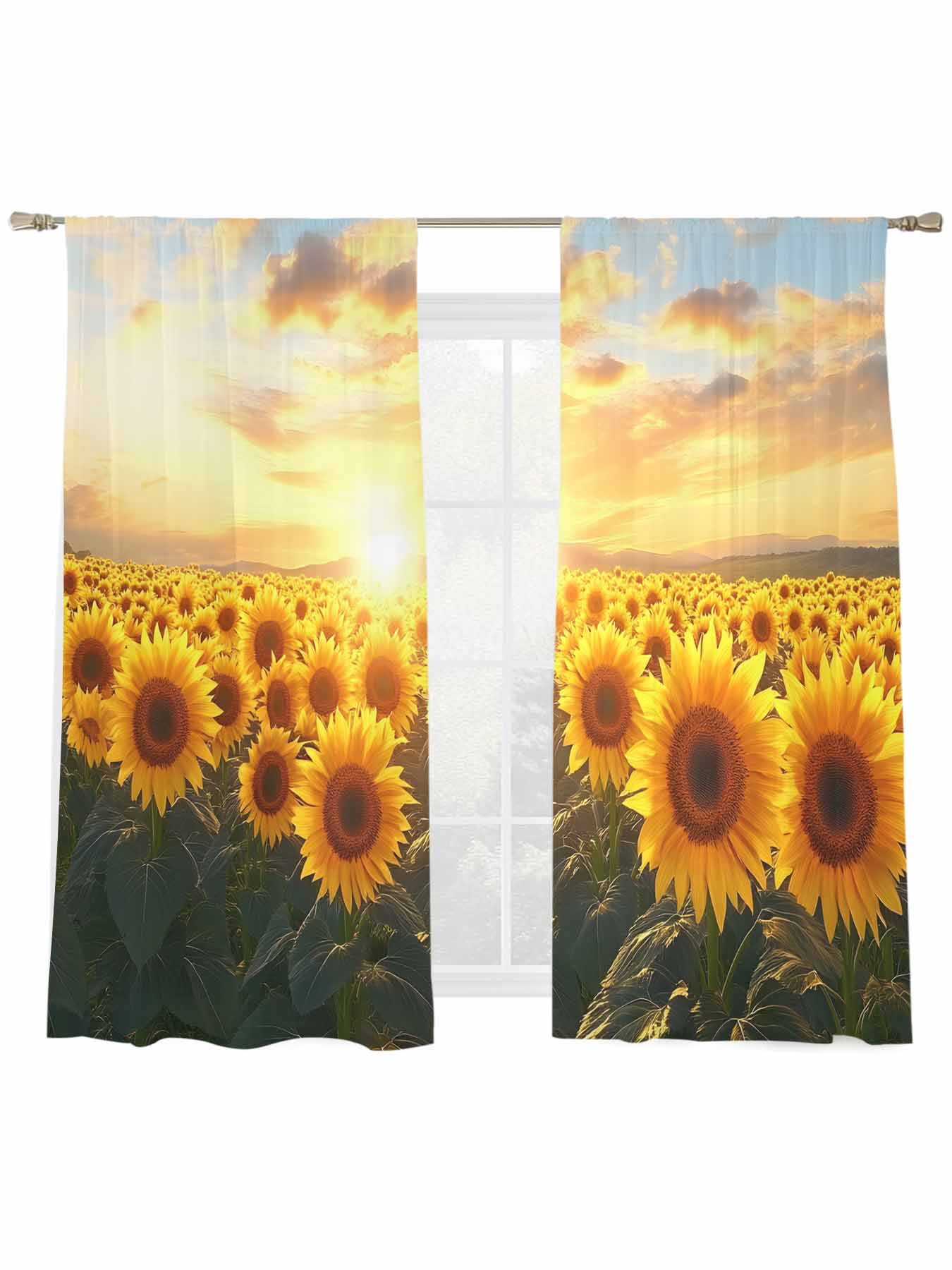 Sunflowers Field Sheer Curtains 2 Panels Set Sunset Summer Vintage ...