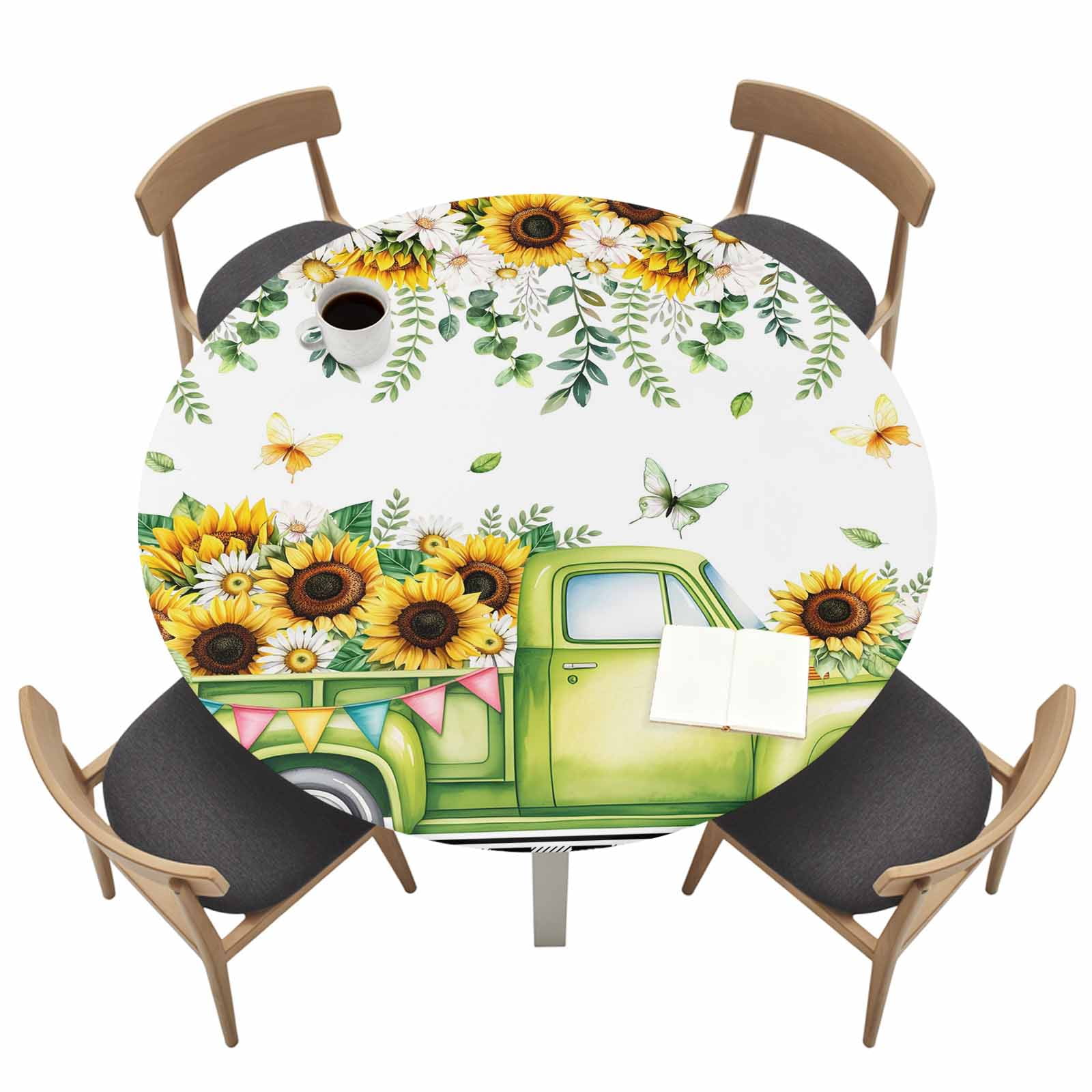 Sunflowers Fitted Tablecloth with Elastic Edged, Round Table Cloth for ...