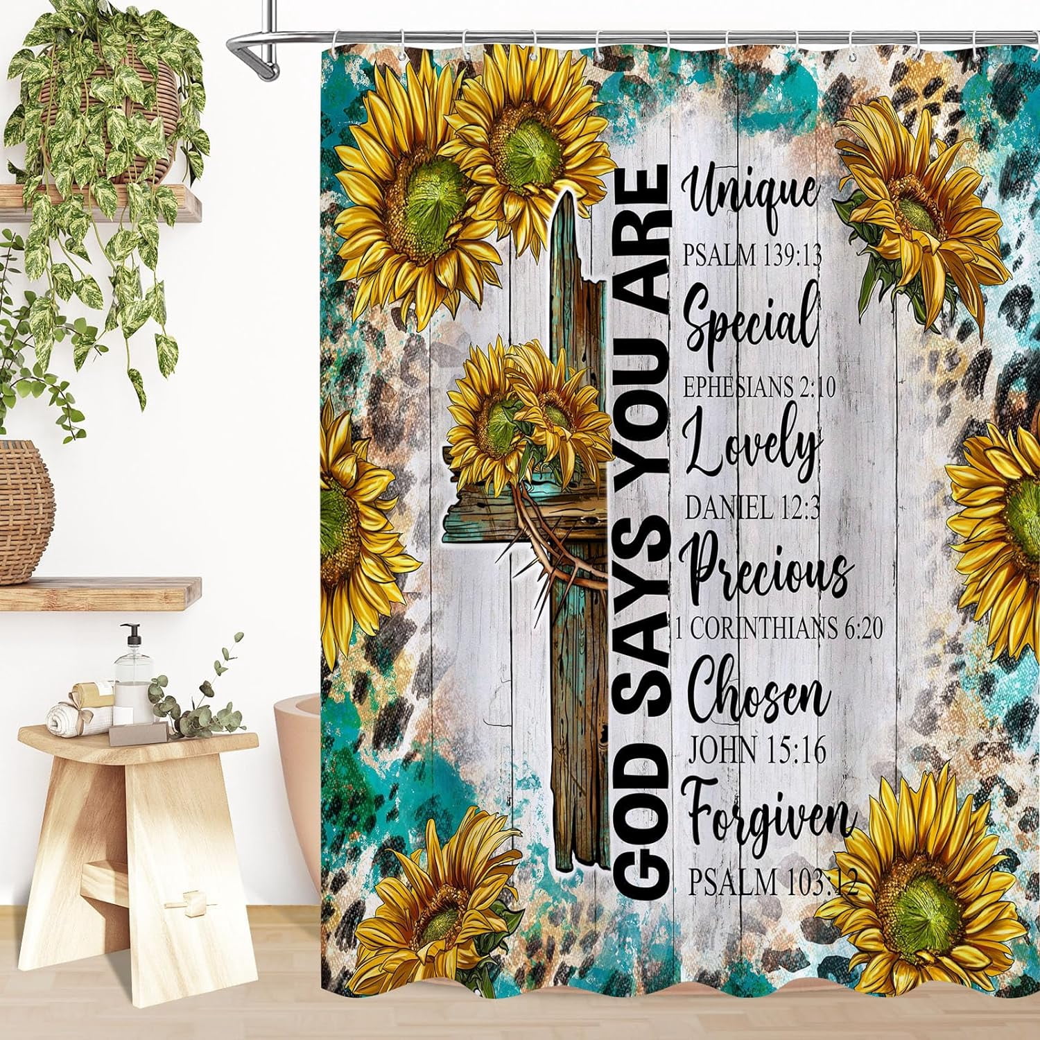 Sunflowers Floral Bible Verse Quotes Wood Shower Curtain, Rustic ...