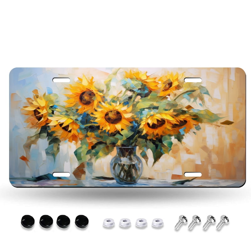 Sunflowers in a Glass Vase in an Oil Painting License Plate Frame ...