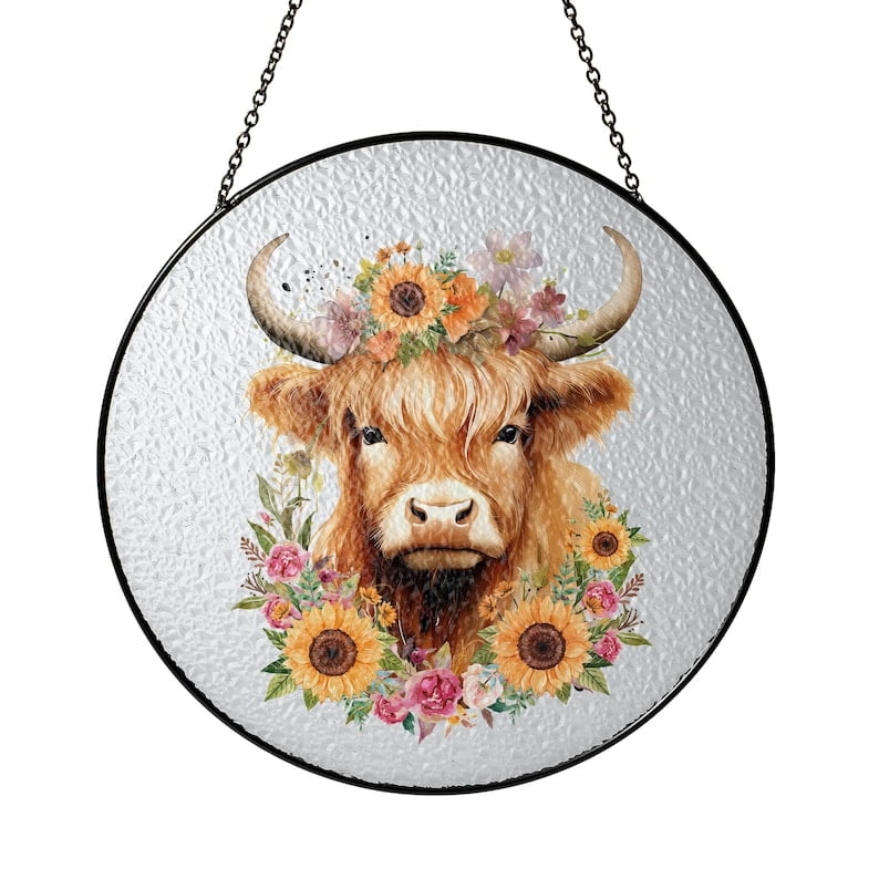 Sunflowers Highland cow Glass Suncatcher Window Hanging, FAUX Stain ...