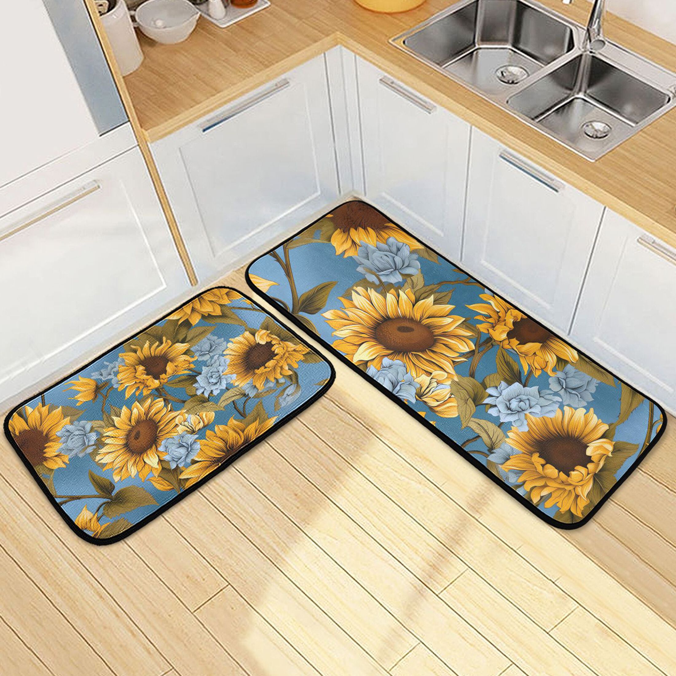 Sunflowers Kitchen Mats Set 2 Piece Non Slip Floor Foam Rugs Cushioned ...
