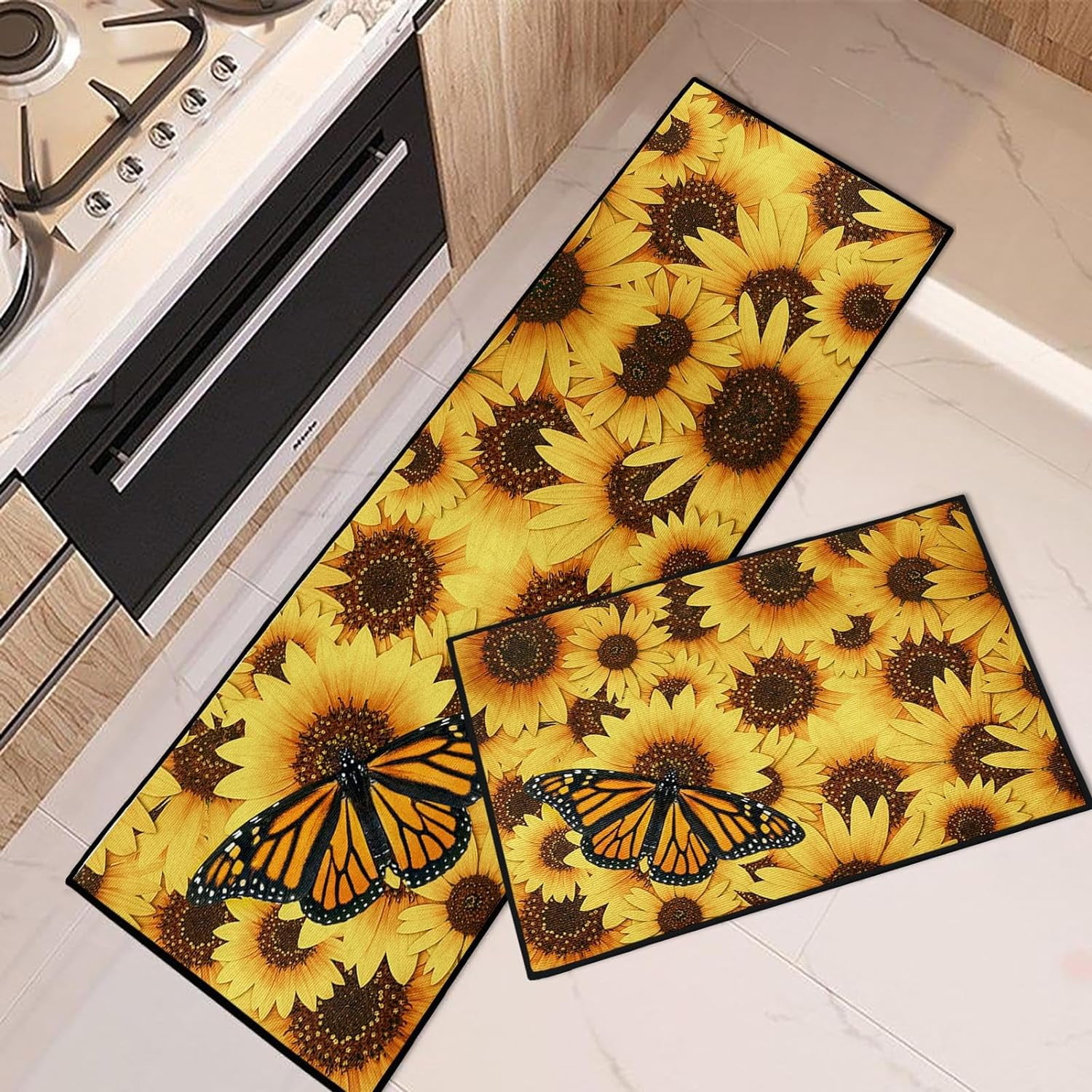 Sunflowers Kitchen Rugs and Mats Non Skid Washable Set of 2, Butterfly ...