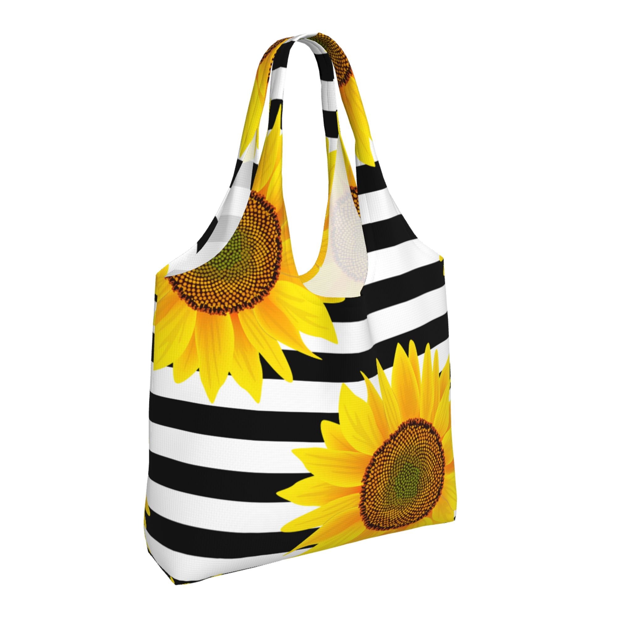 Sunflowers On Black White Striped Canvas Tote Pocket For Women,Totes ...