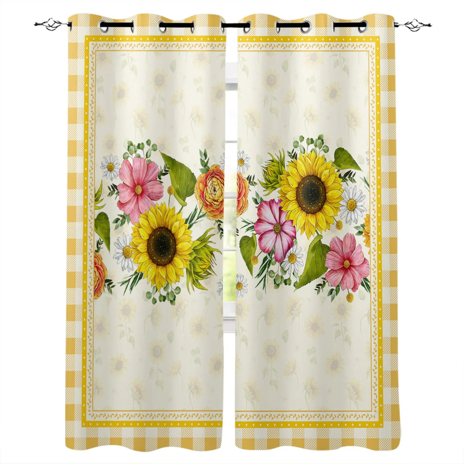 Sunflowers Pattern Vintage Beige Print Kitchen Curtain Window Treatment ...