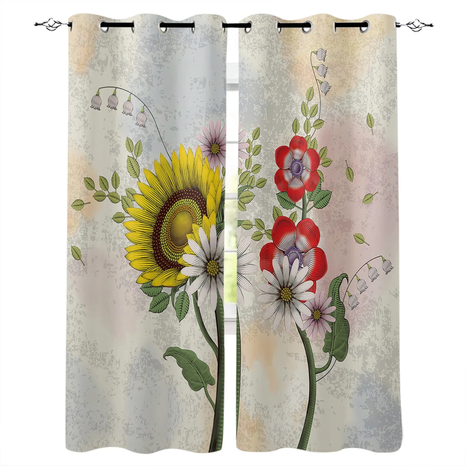 Sunflowers Pattern Vintage Beige Print Kitchen Curtain Window Treatment ...