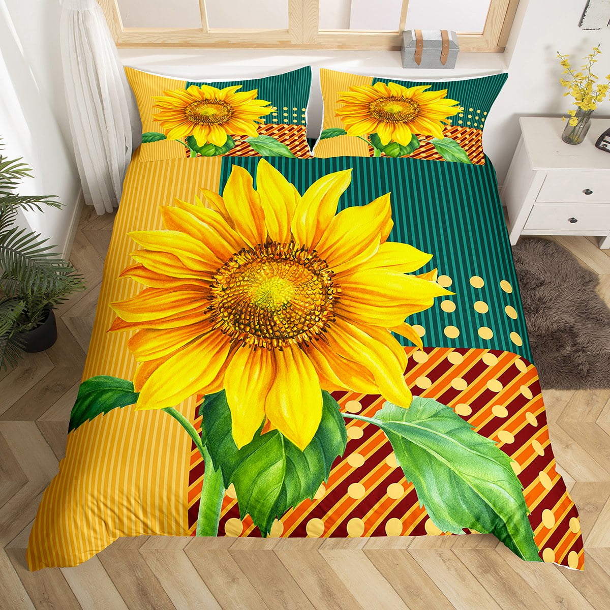 Sunflowers Queen Duvet Cover Yellow Floral Bed Sets Modern Stripes ...