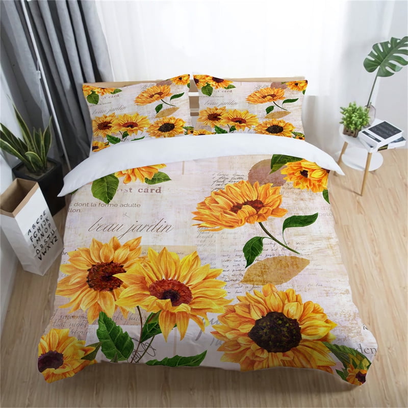 Sunflowers Quilt Cover Duvet Cover White Comforter Cover Set Green Leaf ...