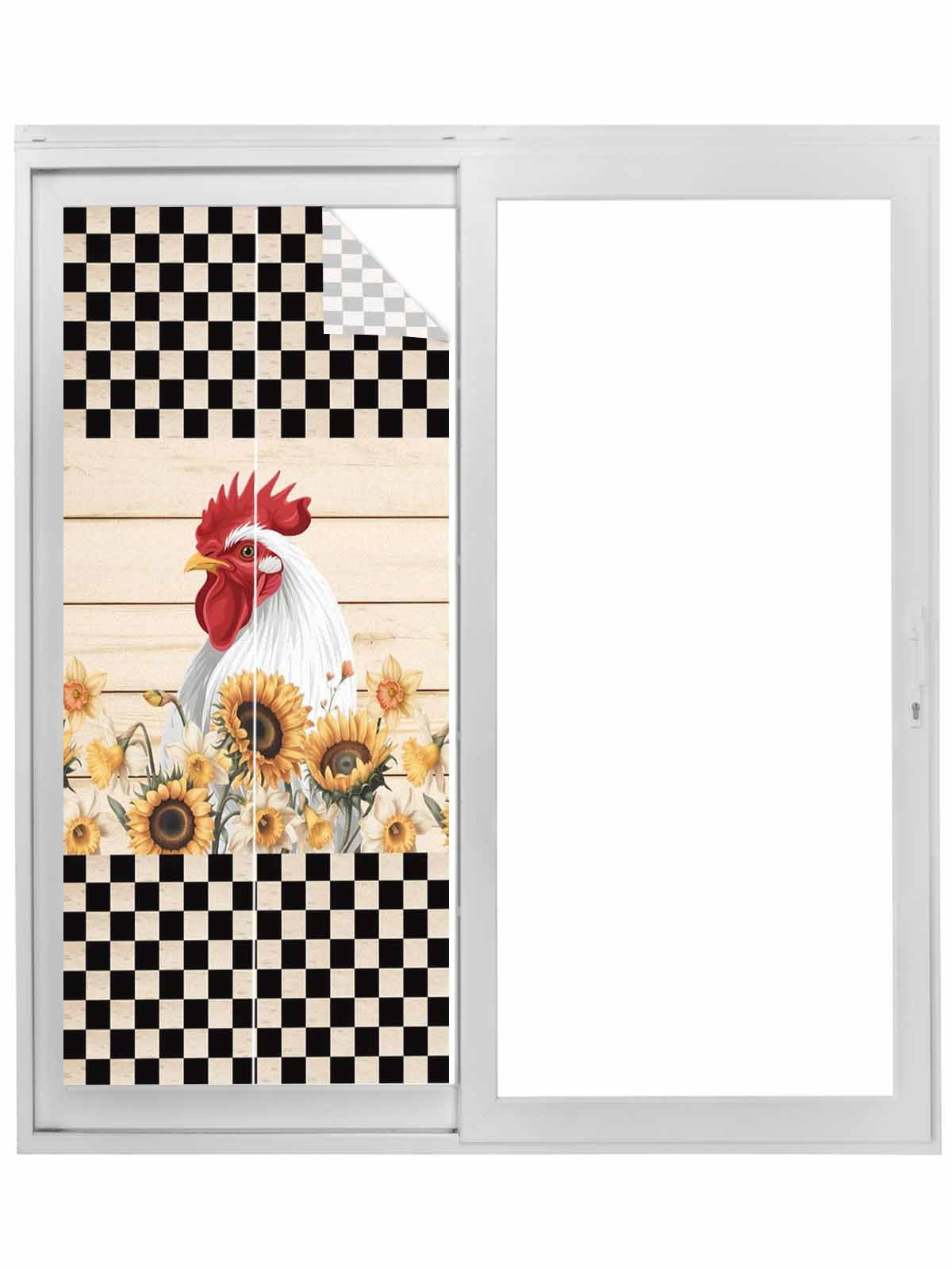 Sunflowers Rooster Window Privacy Film, Farmhouse Vintage Beige Wooden ...