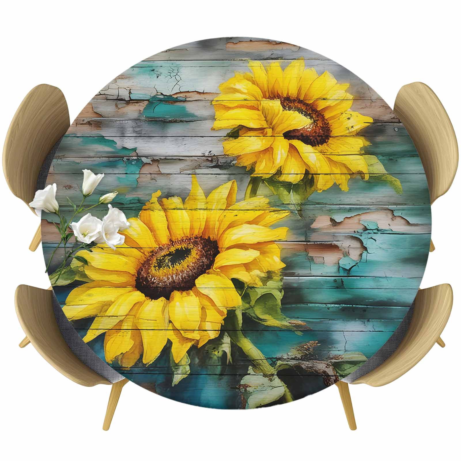 Sunflowers Round Tablecloth, Fitted Table Cover with Elastic for 45"-54 ...