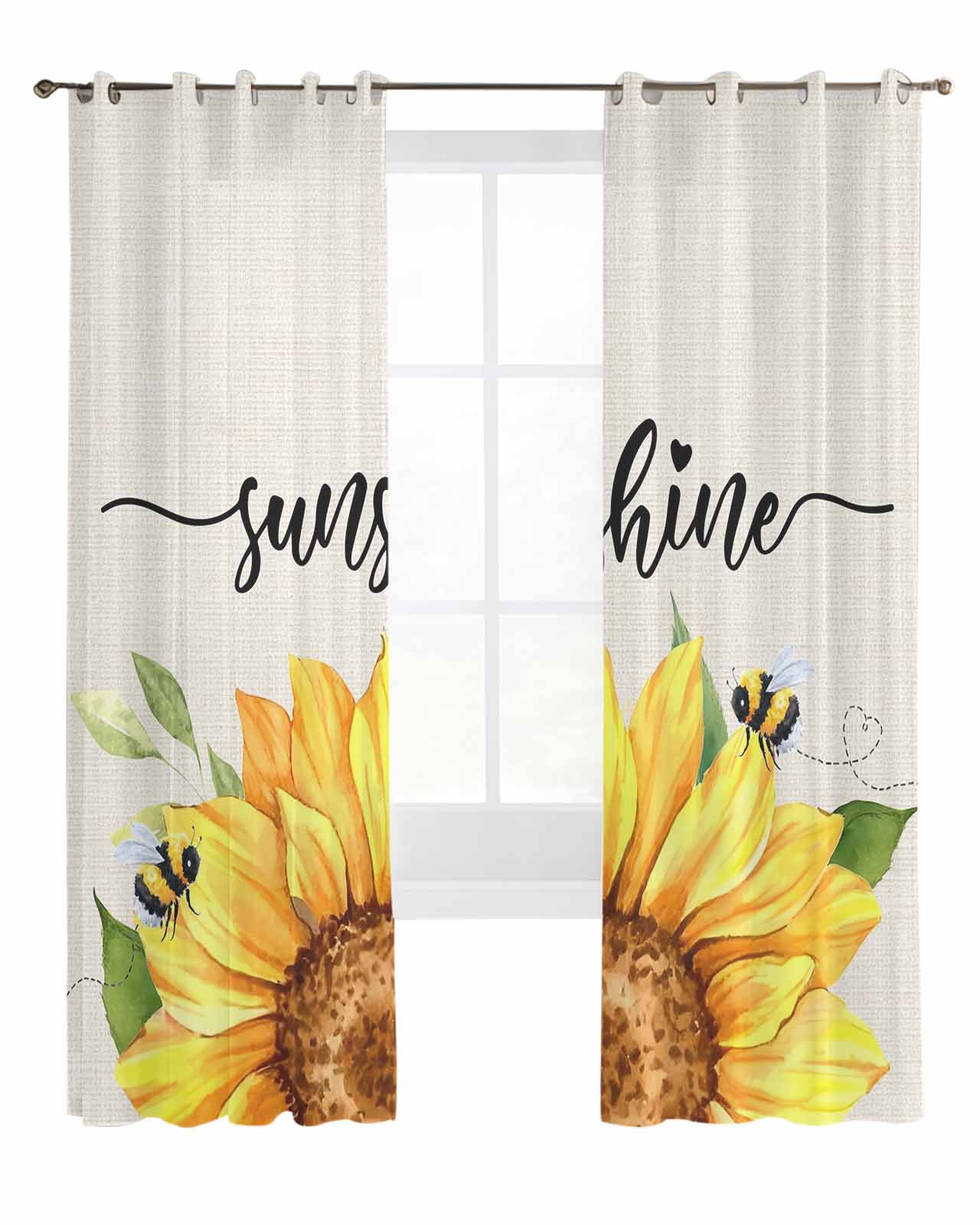 Sunflowers Sheer Curtains 84 Inch Length 2 Panels Farmhouse Bees ...