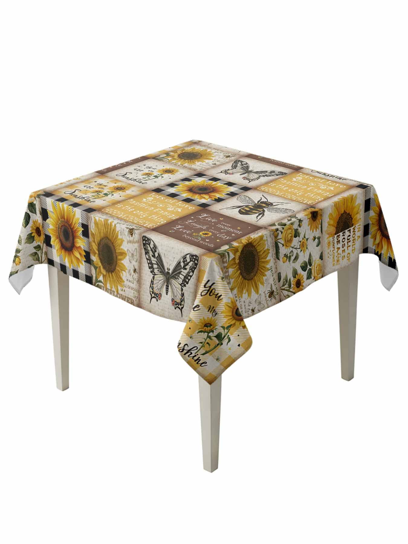 Sunflowers Table Cloth, Retro Country Butterfly Bee Floral Plaid ...
