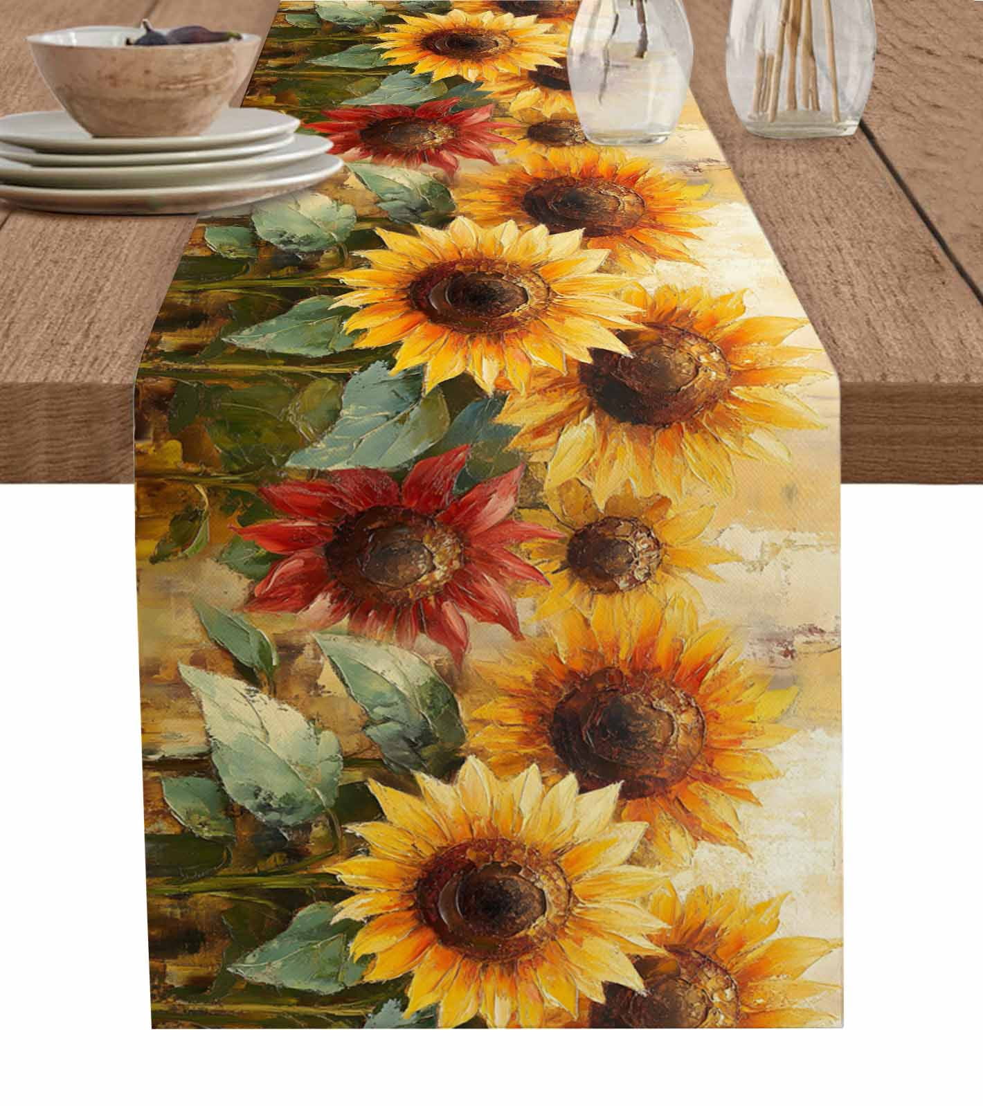 Sunflowers Table Runner 108 Inches, Abstract Oil Painting Floral Leaf ...