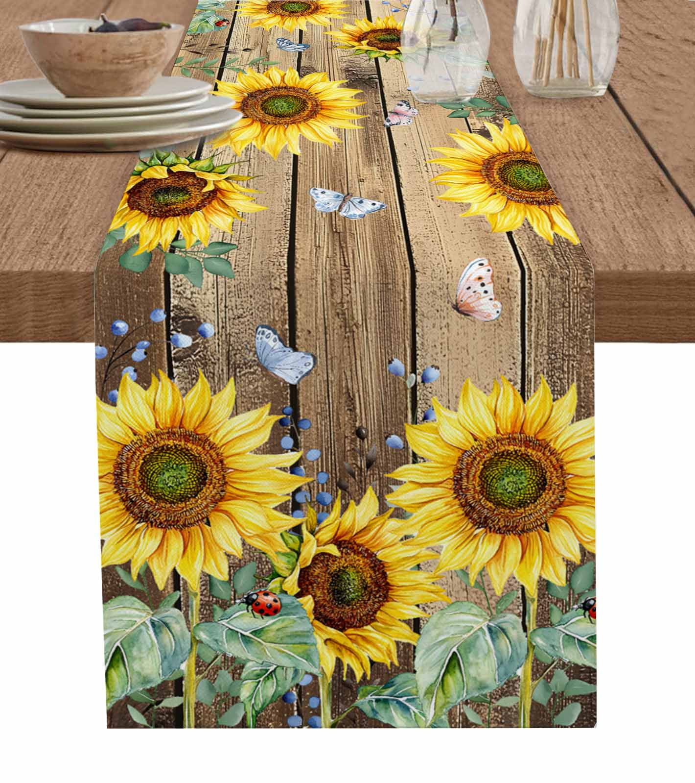 Sunflowers Table Runner 70 Inches, Botanical Floral Butterfly Brown Wooden Grain Bed Runner ...