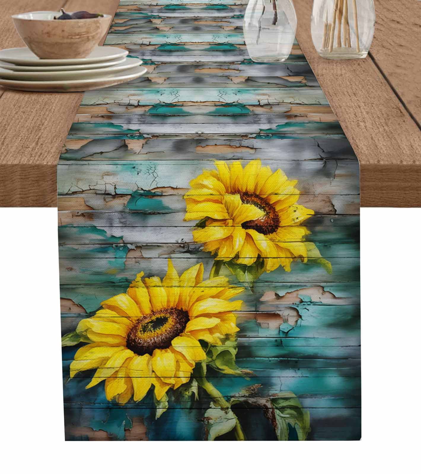 Sunflowers Table Runner 70 Inches, Farmhouse Retro Botanical Floral ...