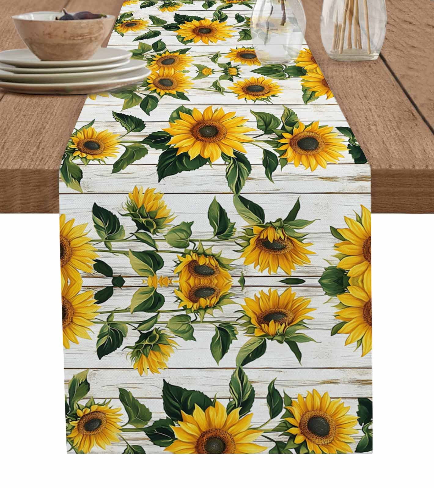 Sunflowers Table Runner 72 Inches, Botanical Floral Leaves Beige Wooden ...