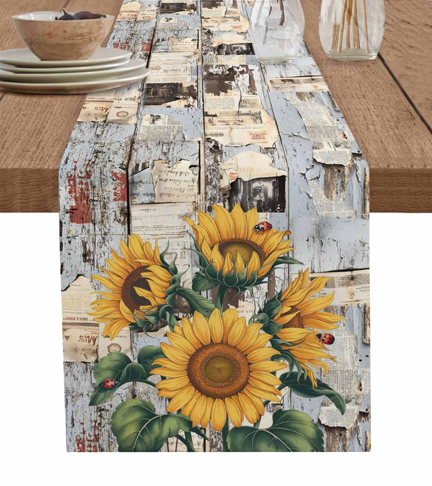 Sunflowers Table Runner 72 Inches, Country Vintage Botanical Flowers ...