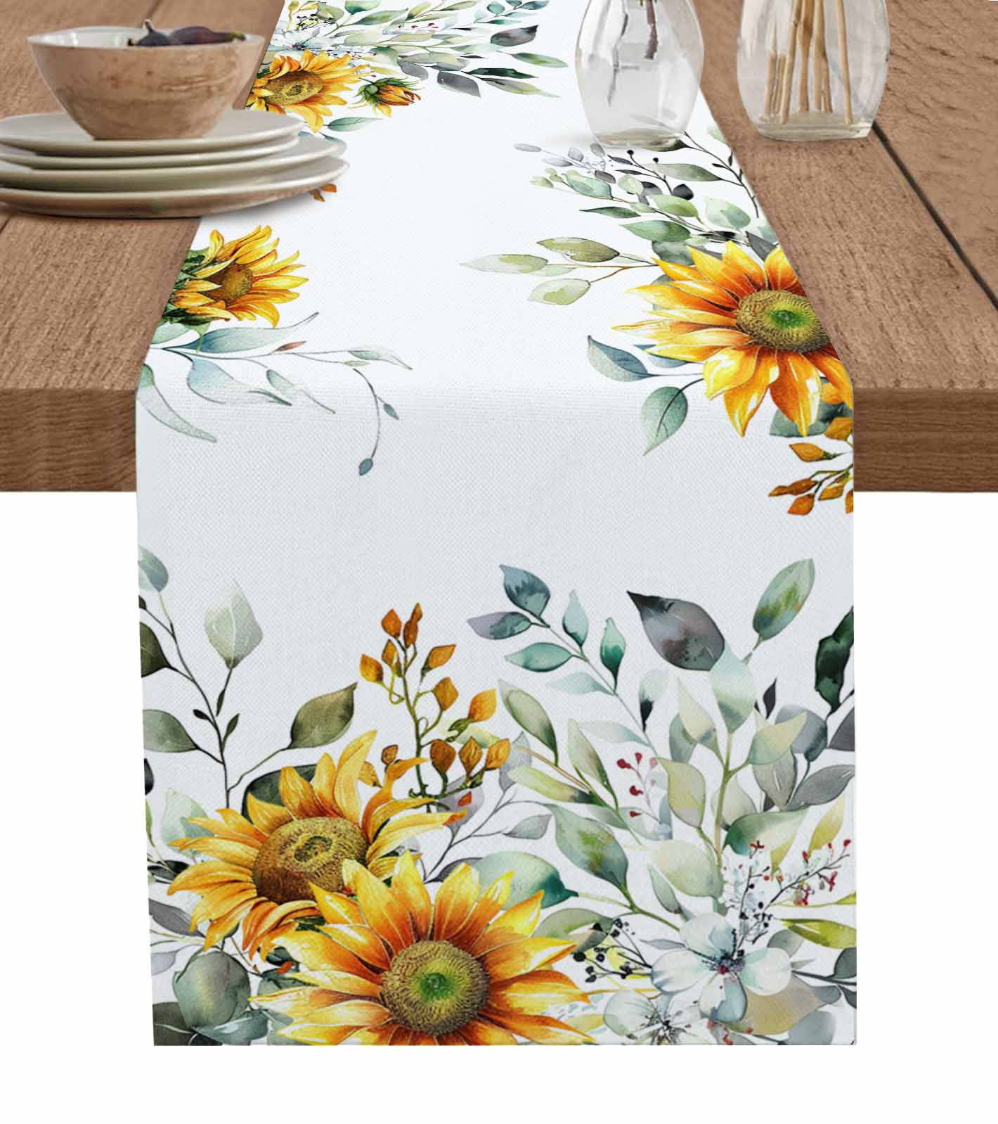Sunflowers Table Runner Eucalyptus Leaves Spring Floral Summer ...