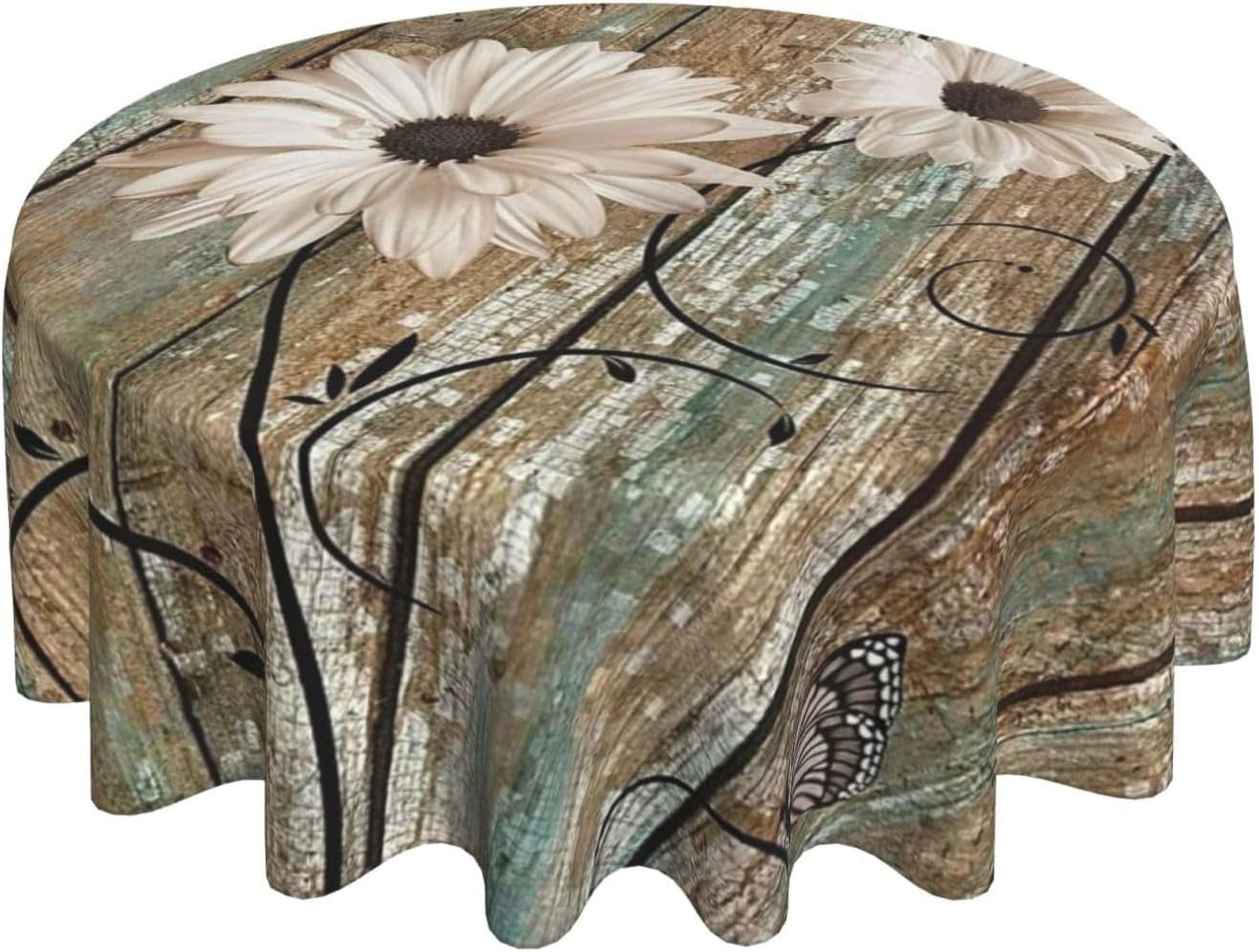 Sunflowers Tablecloth 60 Inch Round, Vintage Rustic Daisy on Wooden ...