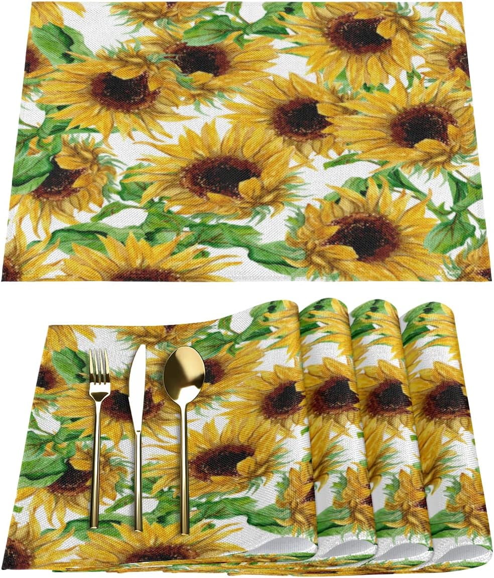 Sunflowers Theme Placemats Set of 6 Rectangle Table Mats Washable Heat ...