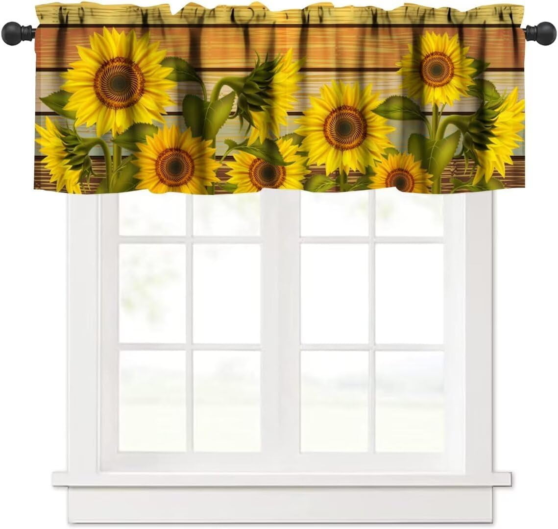 Sunflowers Valance Curtain for Kitchen, Rustic Vintage Colorful Wooden ...