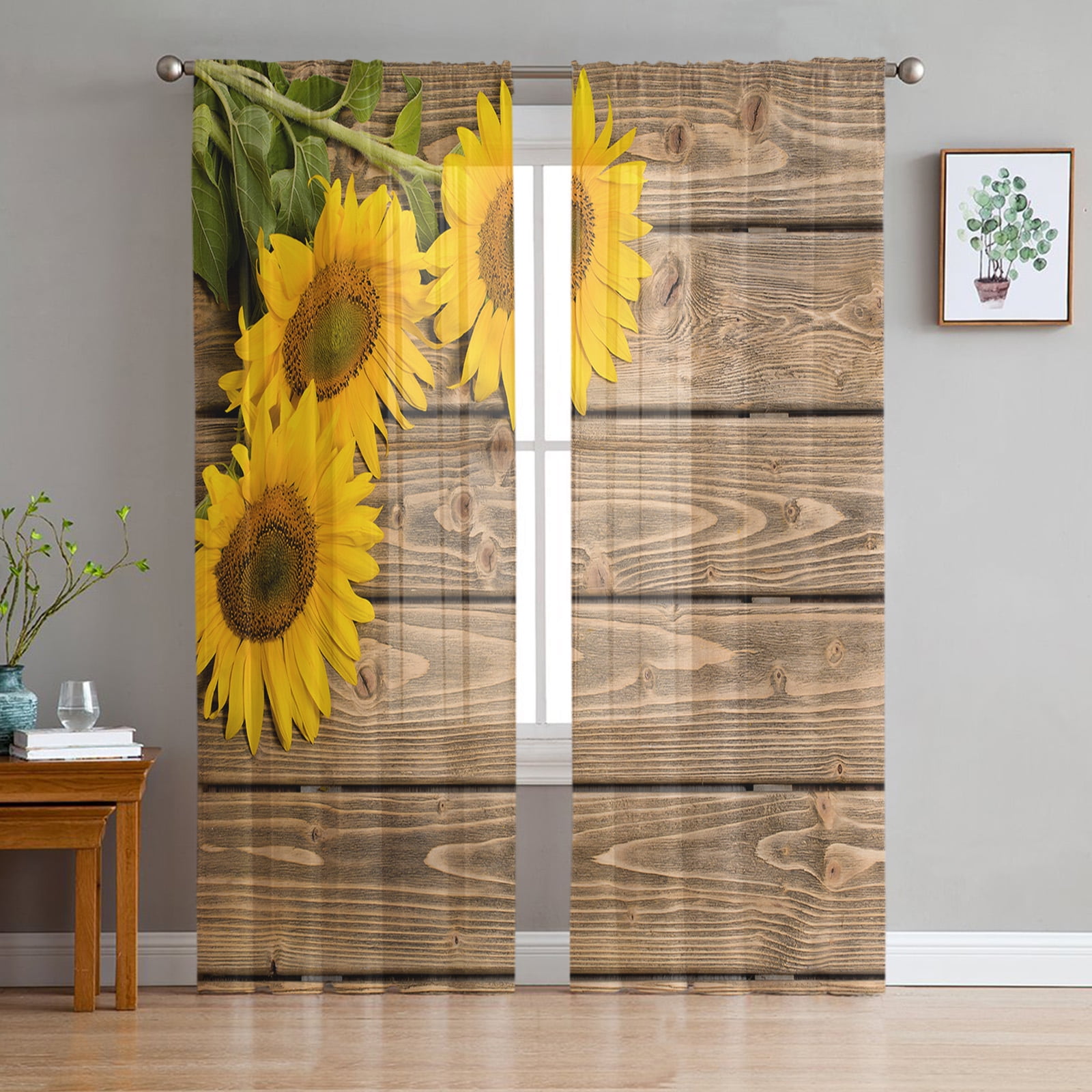 Sunflowers Wood Boards Sheer Curtain for Living Room Voile for Window ...