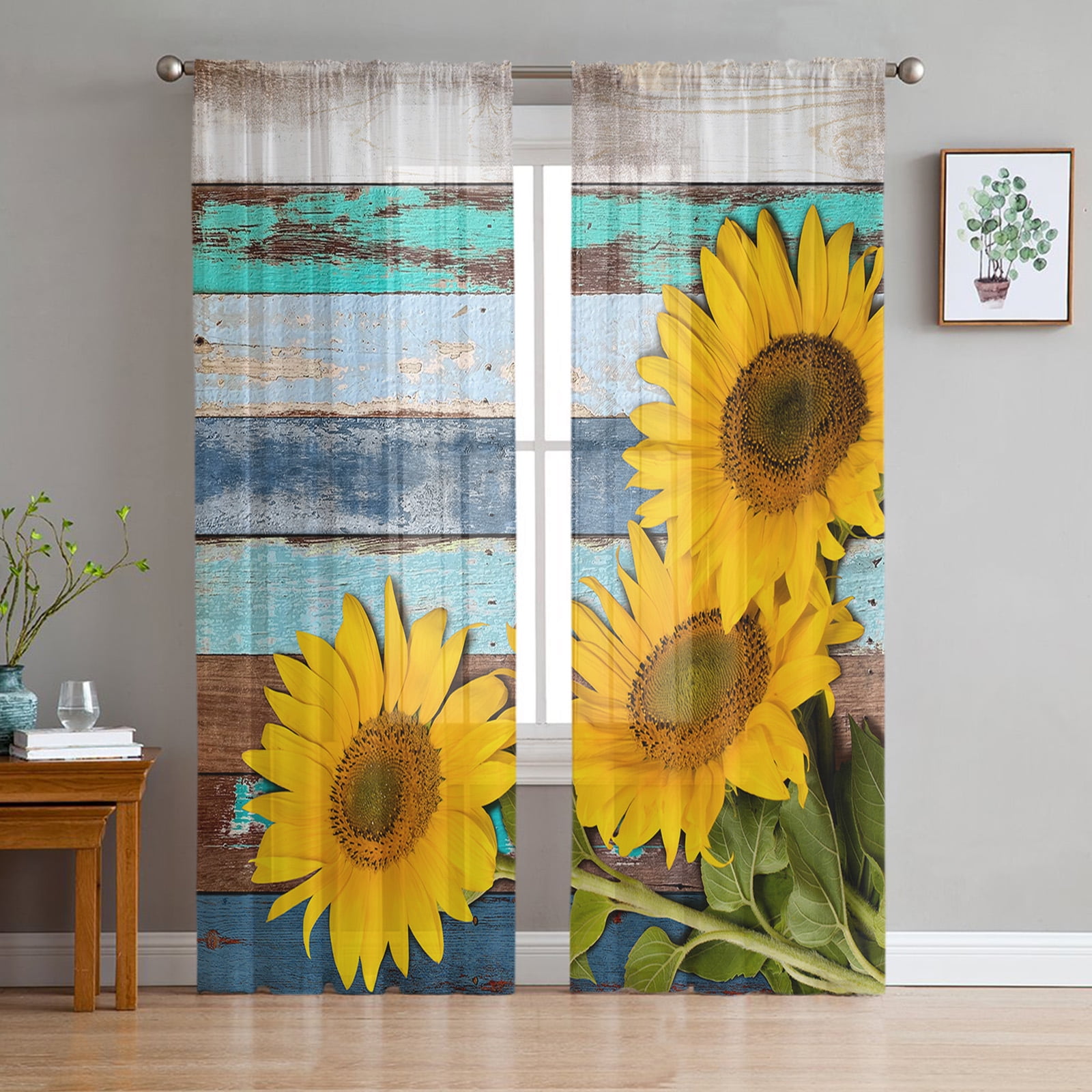 Sunflowers Wood Boards Sheer Curtain for Living Room Voile for Window ...
