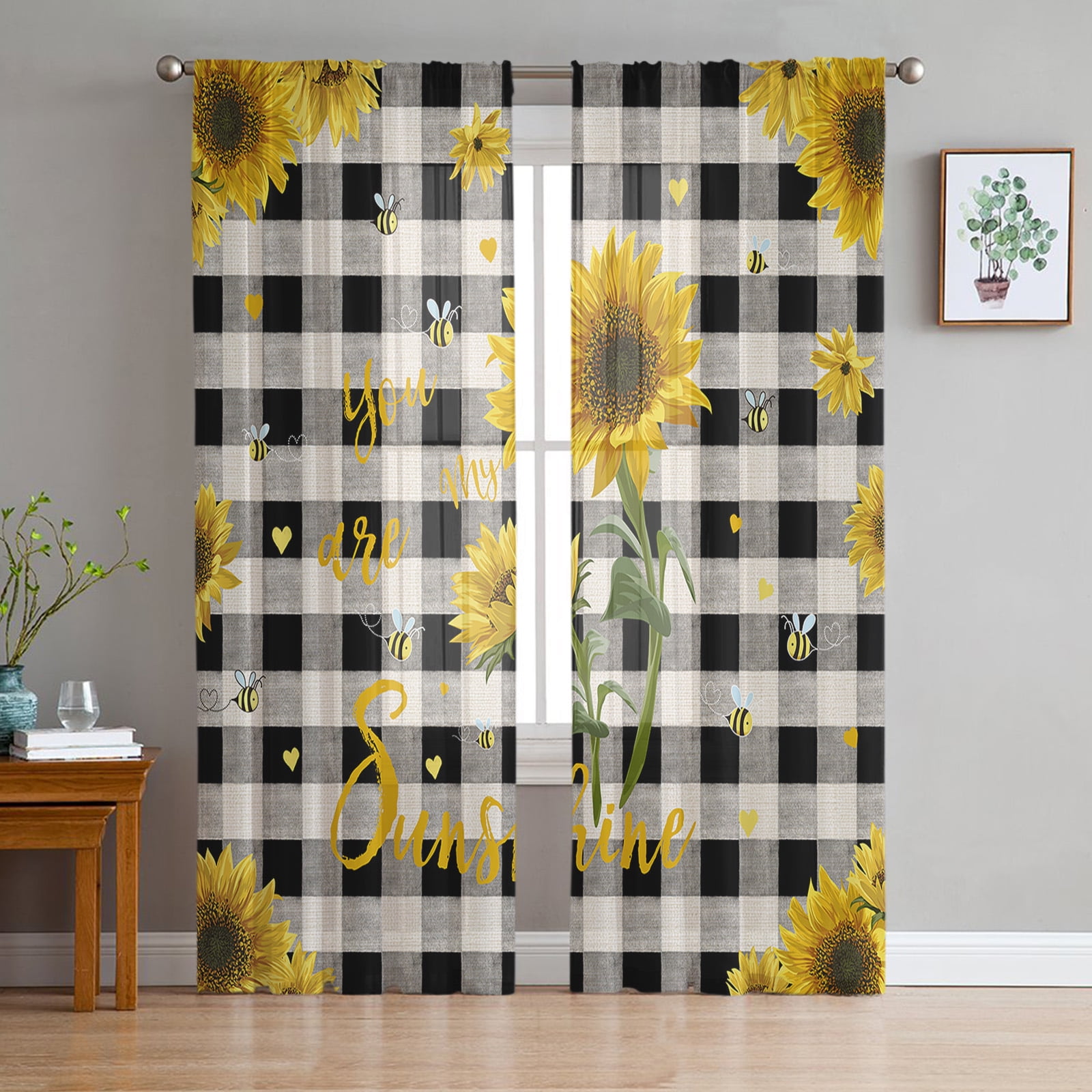 Sunflowers Wood Boards Sheer Curtain for Living Room Voile for Window ...