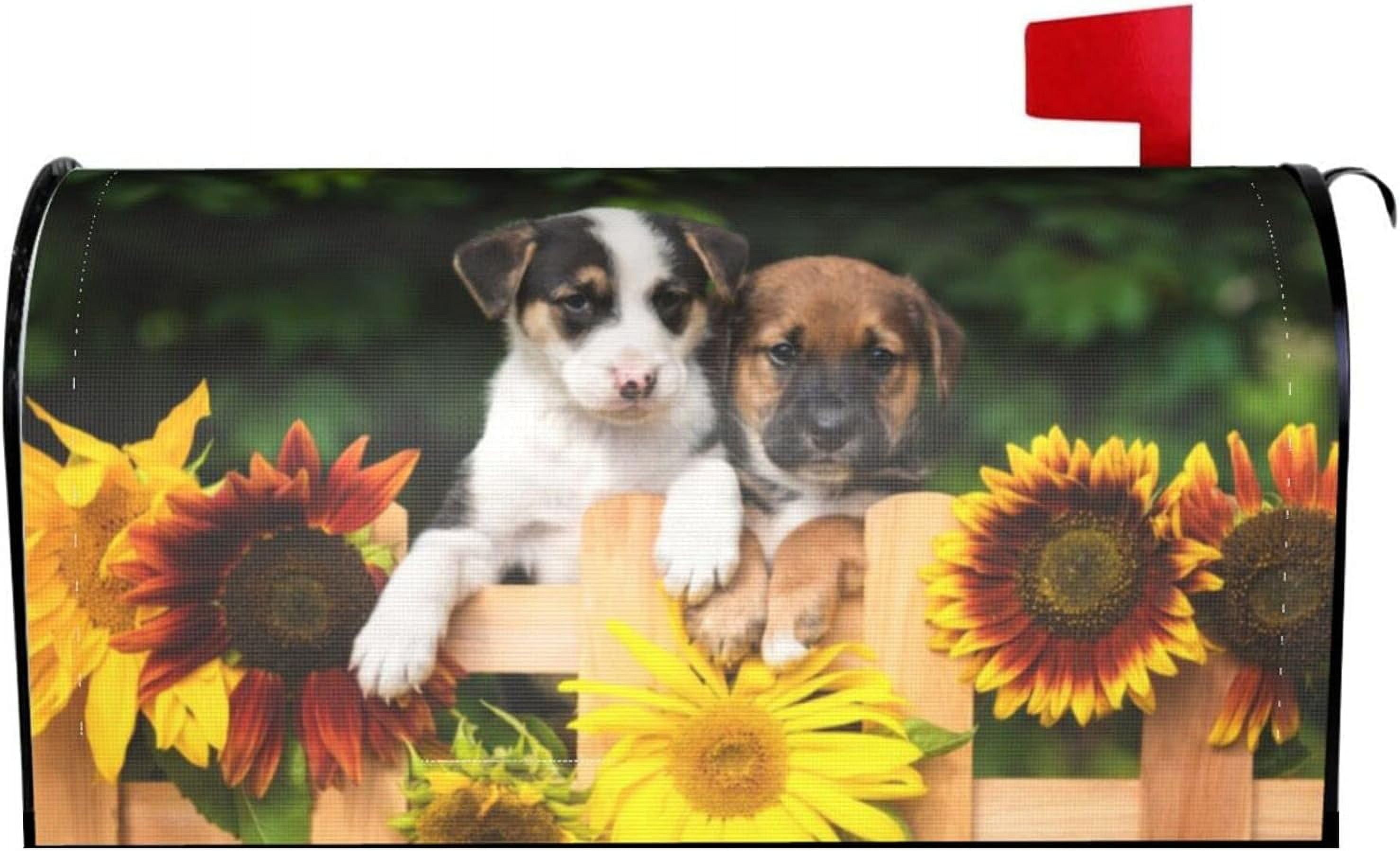 Sunflowers and Cute Puppy Dogs Mailbox Cover Magnetic Mailbox Wraps ...