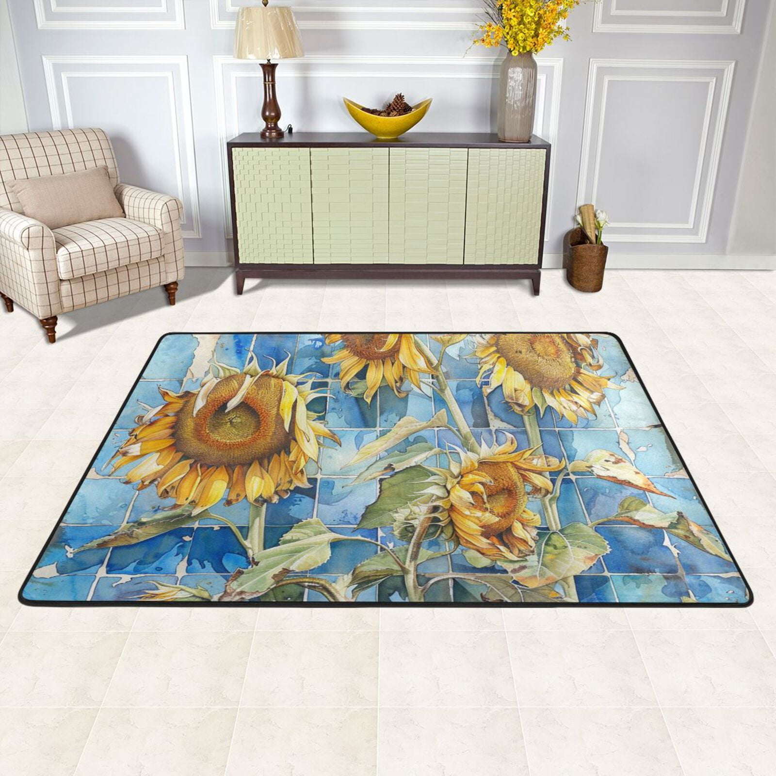 Sunflowers and Grids Area Rug Washable 72 x 48 Floor Carpet Mat Non ...