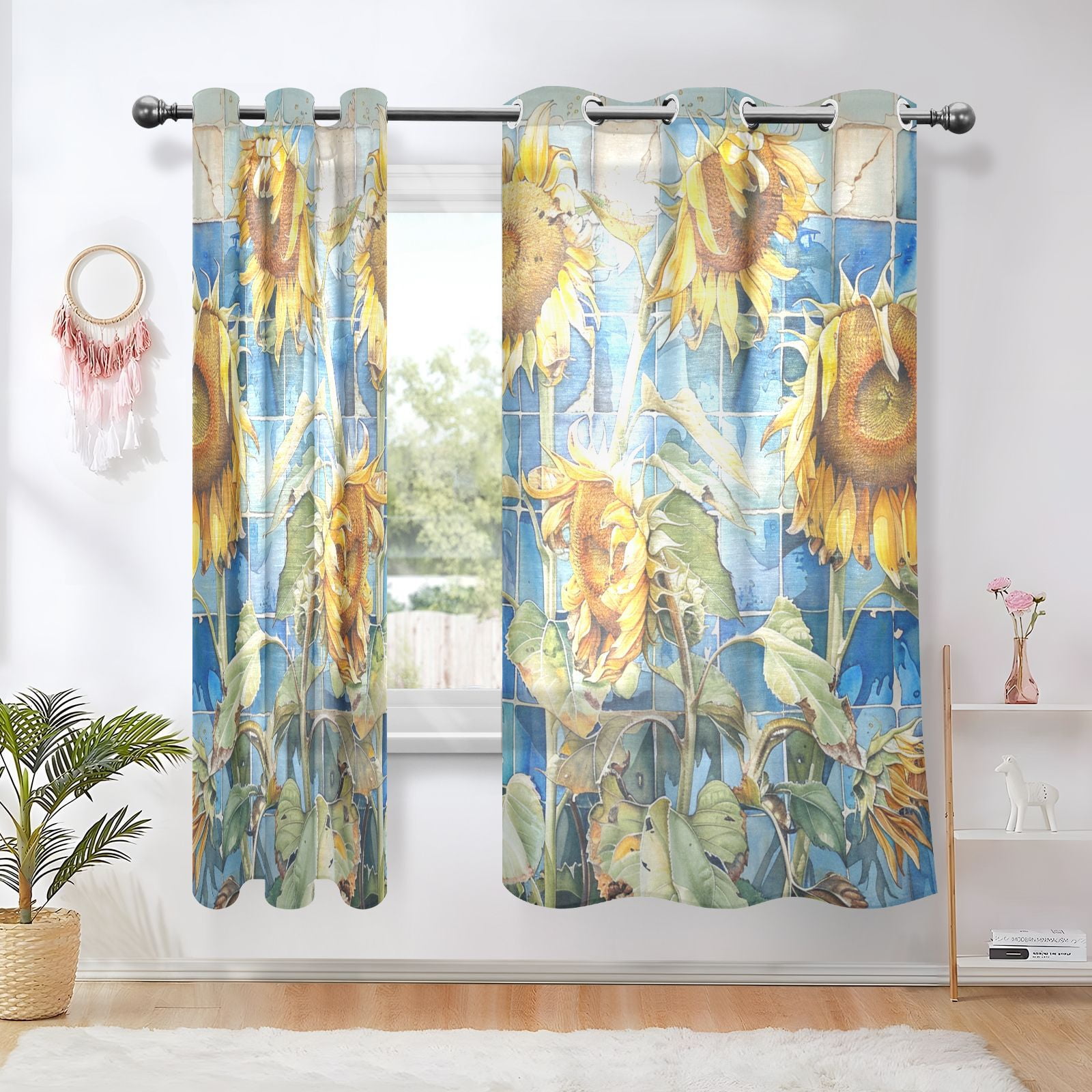 Sunflowers and Grids Blackout Curtains Thermal Insulation 63 inch ...