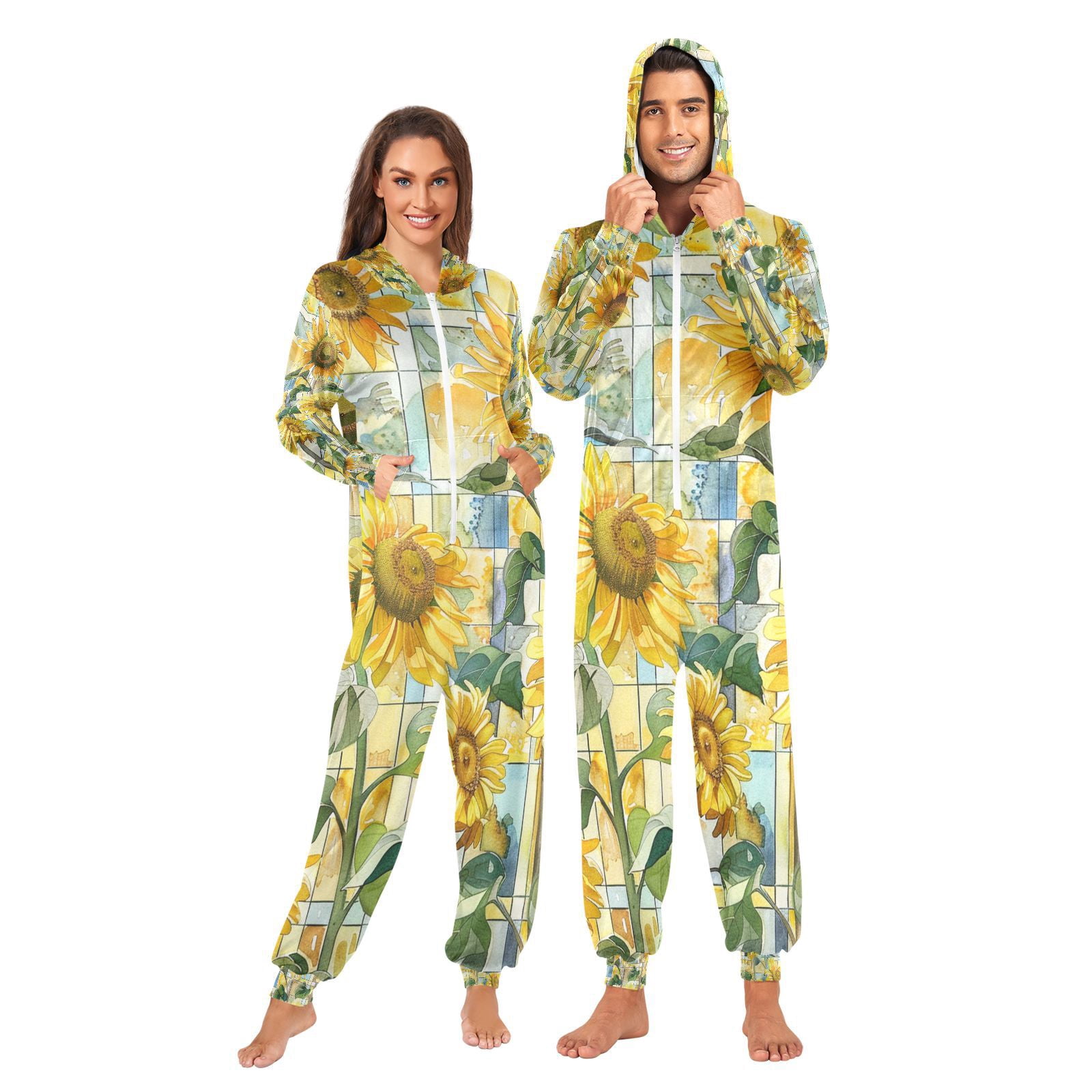 Sunflowers and Lattice Adult Unisex Onesie Pajamas Slim Fit One Piece ...