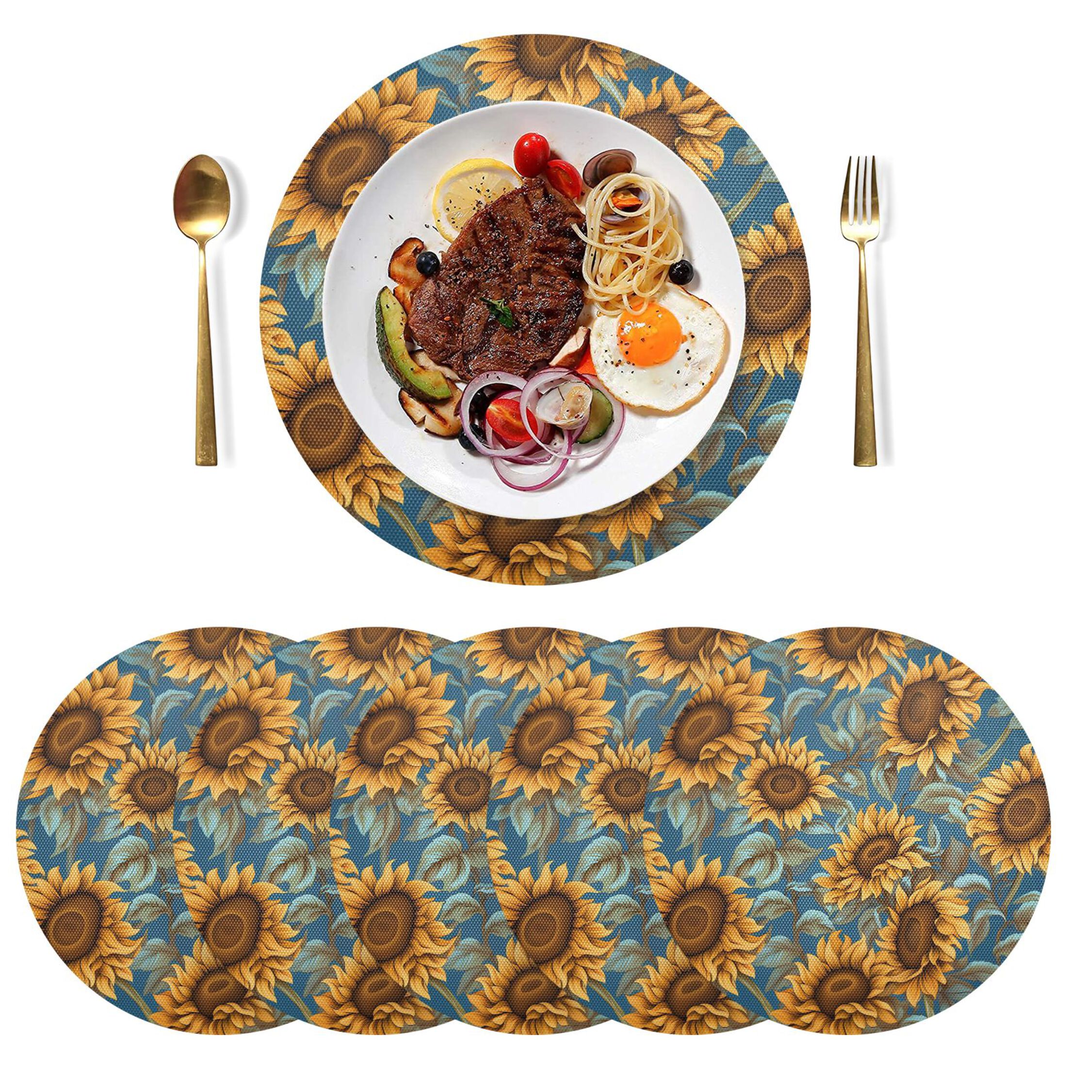 Sunflowers and Leaves Round Plate Mats Non-Slip Place Mat Washable PVC ...