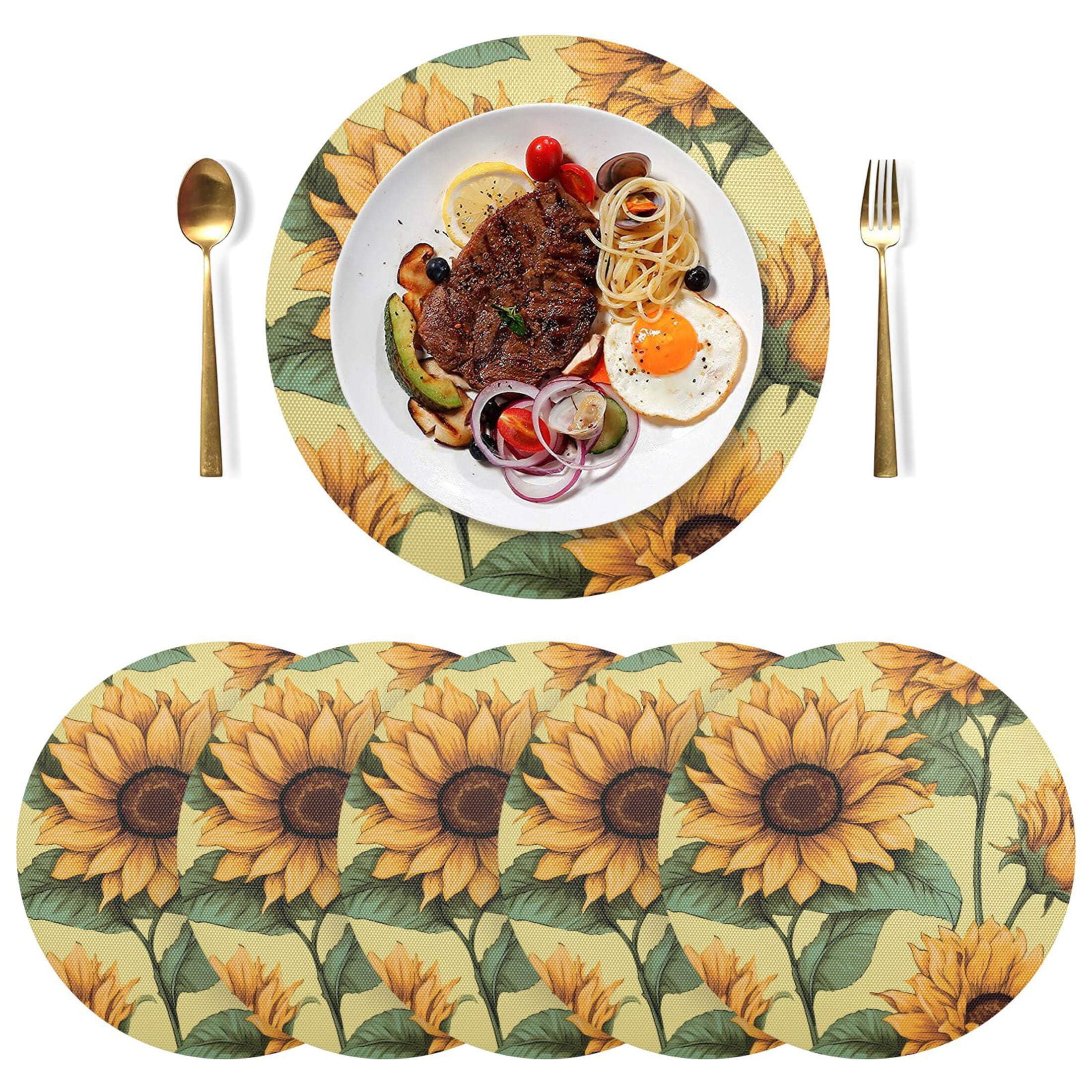 Sunflowers on Yellow Round Plate Mats Non-Slip Place Mat Washable PVC ...