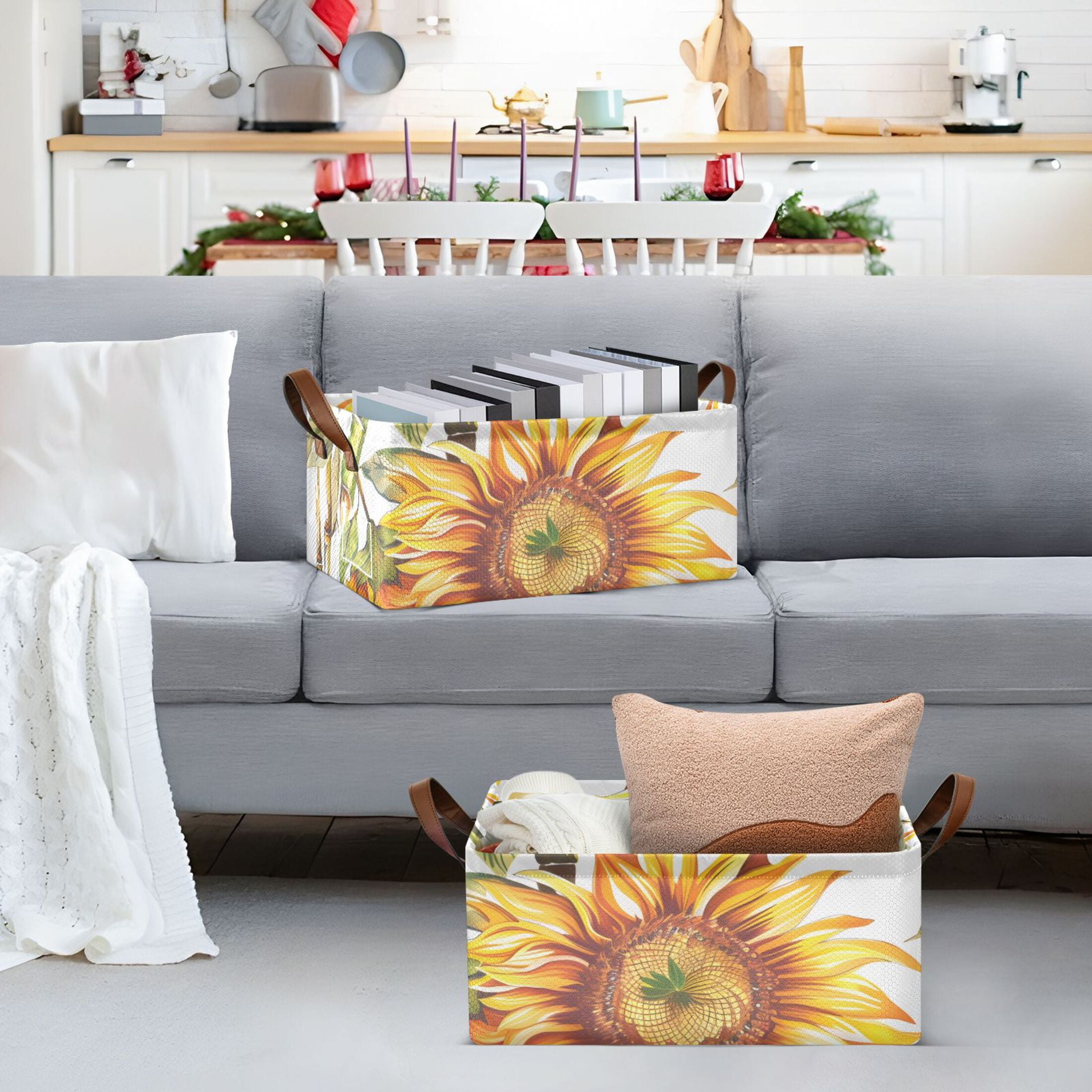 Sunflowers with Bamboo Storage Bins with Handles Foldable Storage ...