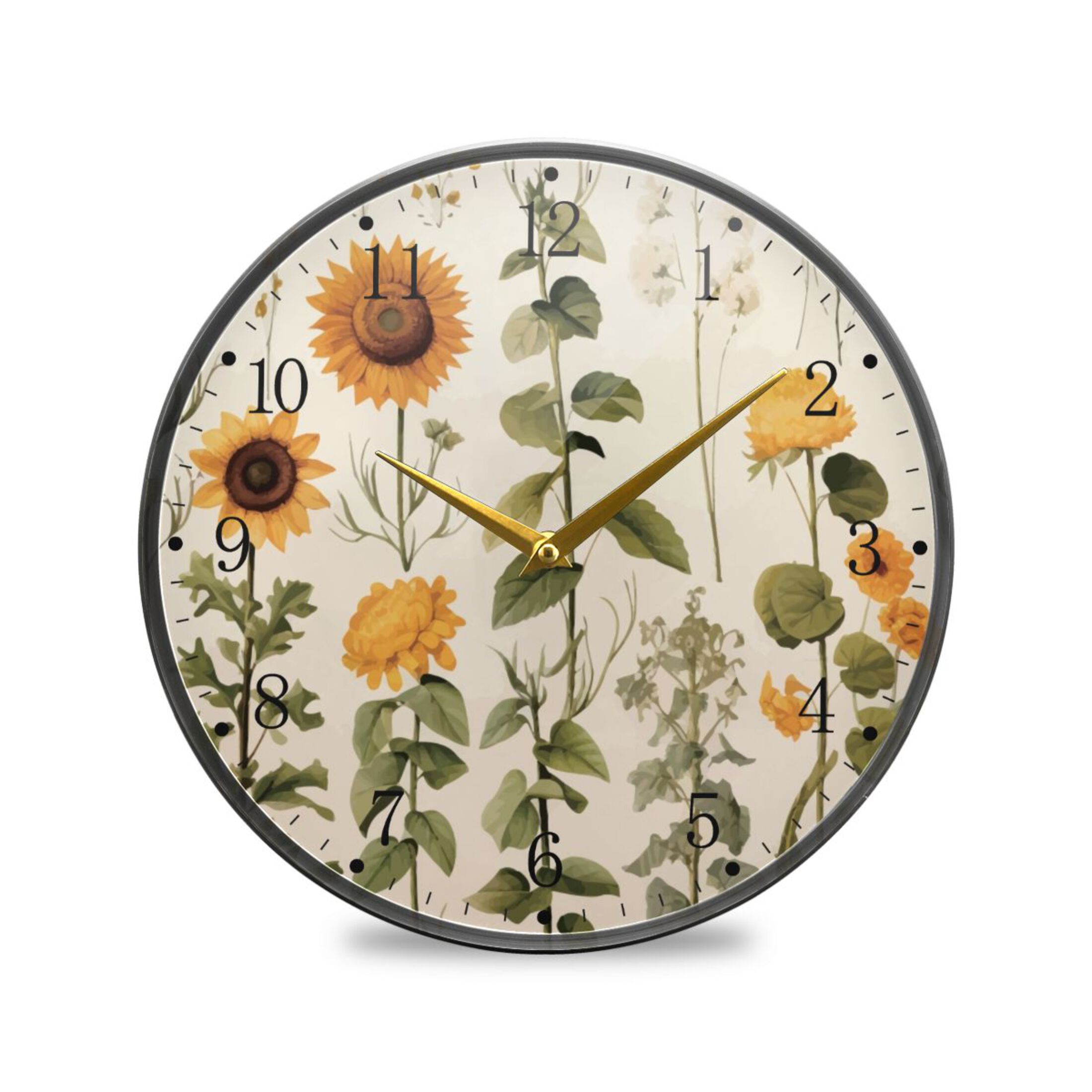 Sunflowers with Leaves Acrylic Wall Clocks Quiet Round Clock Battery ...