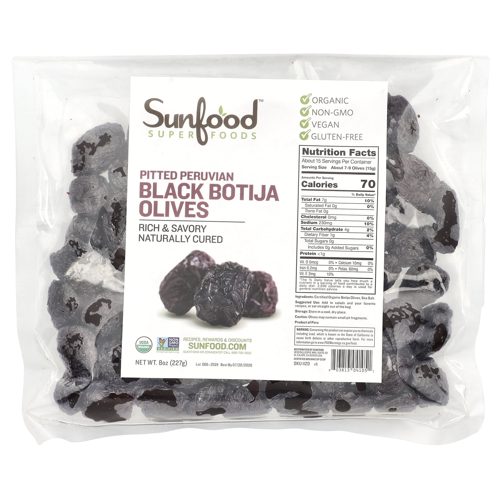 Sunfood Pitted Peruvian Black Botija Olives, 8 oz (227 g) - Walmart.com