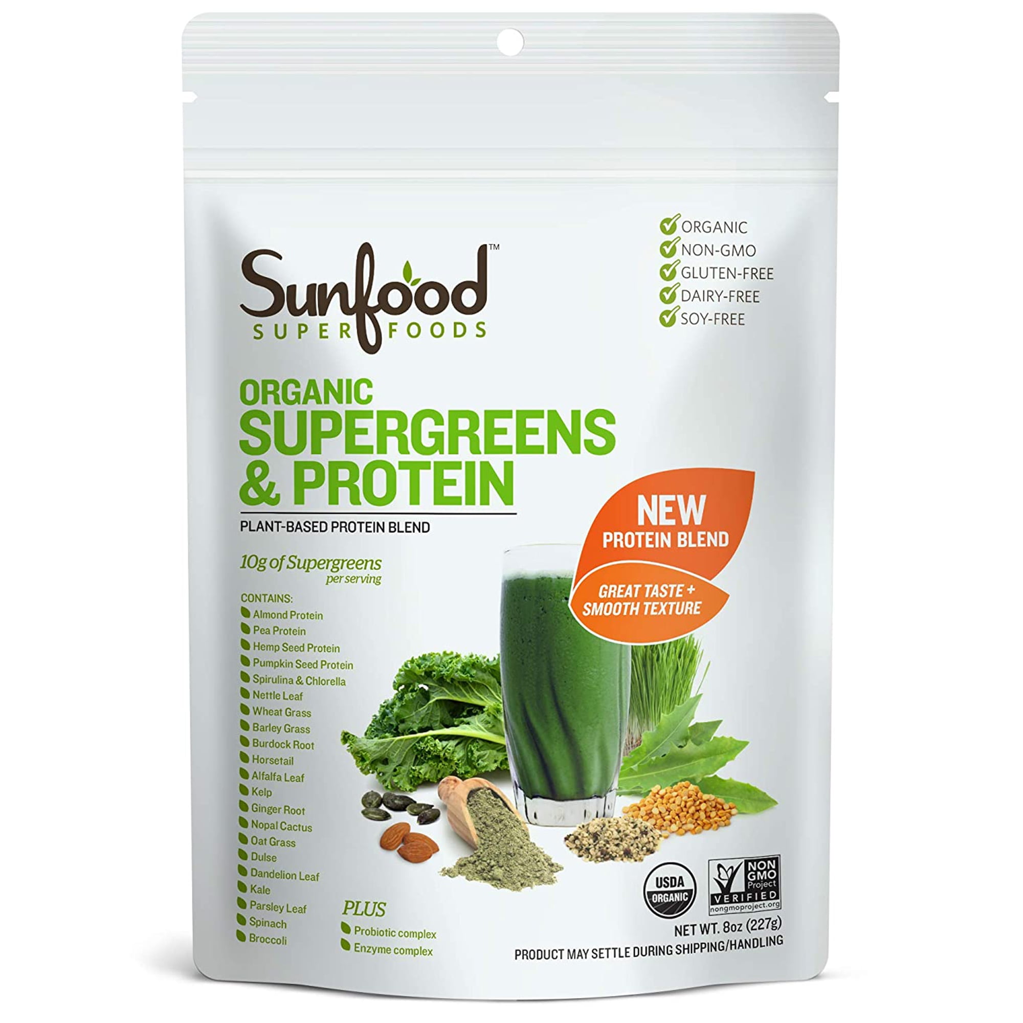 Sunfood Superfoods Super Greens Organic Superfood & Protein Powder with ...