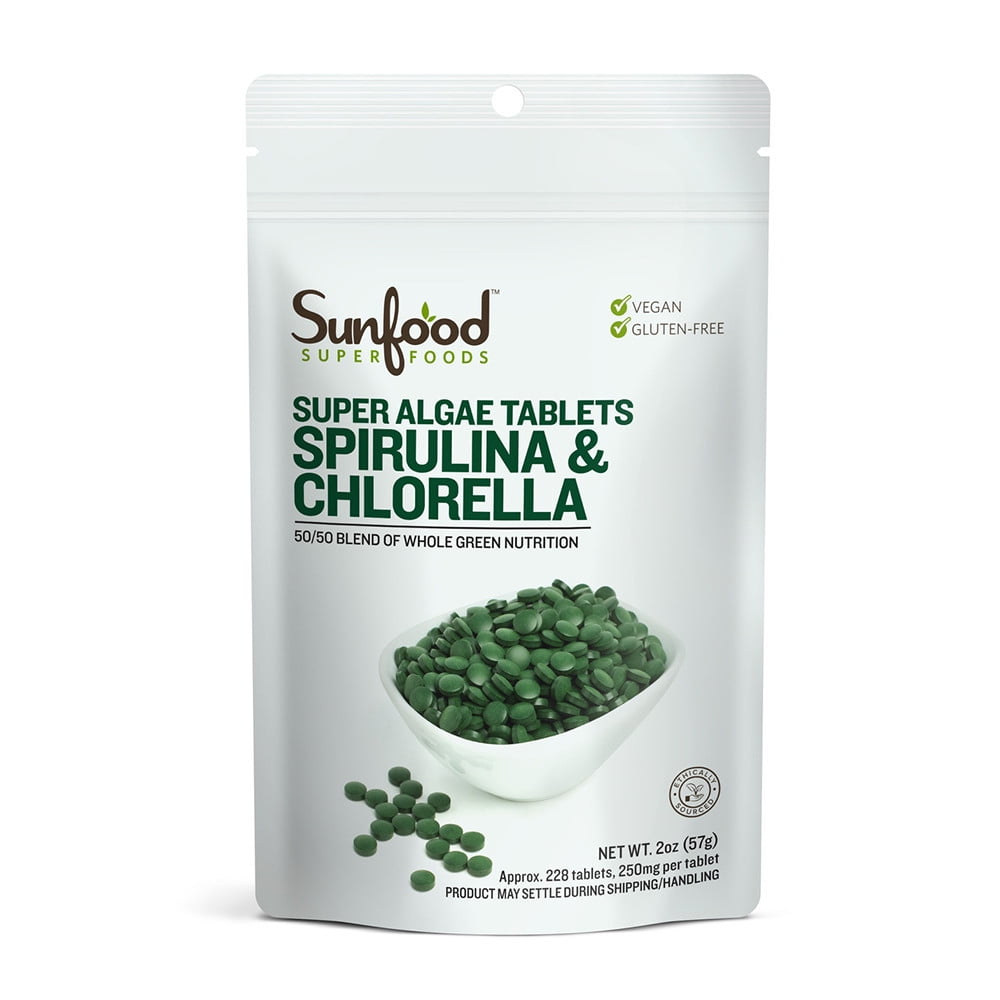 Sunfood Superfoods Spirulina and Chlorella Super Algae Tablets, 2 Oz ...