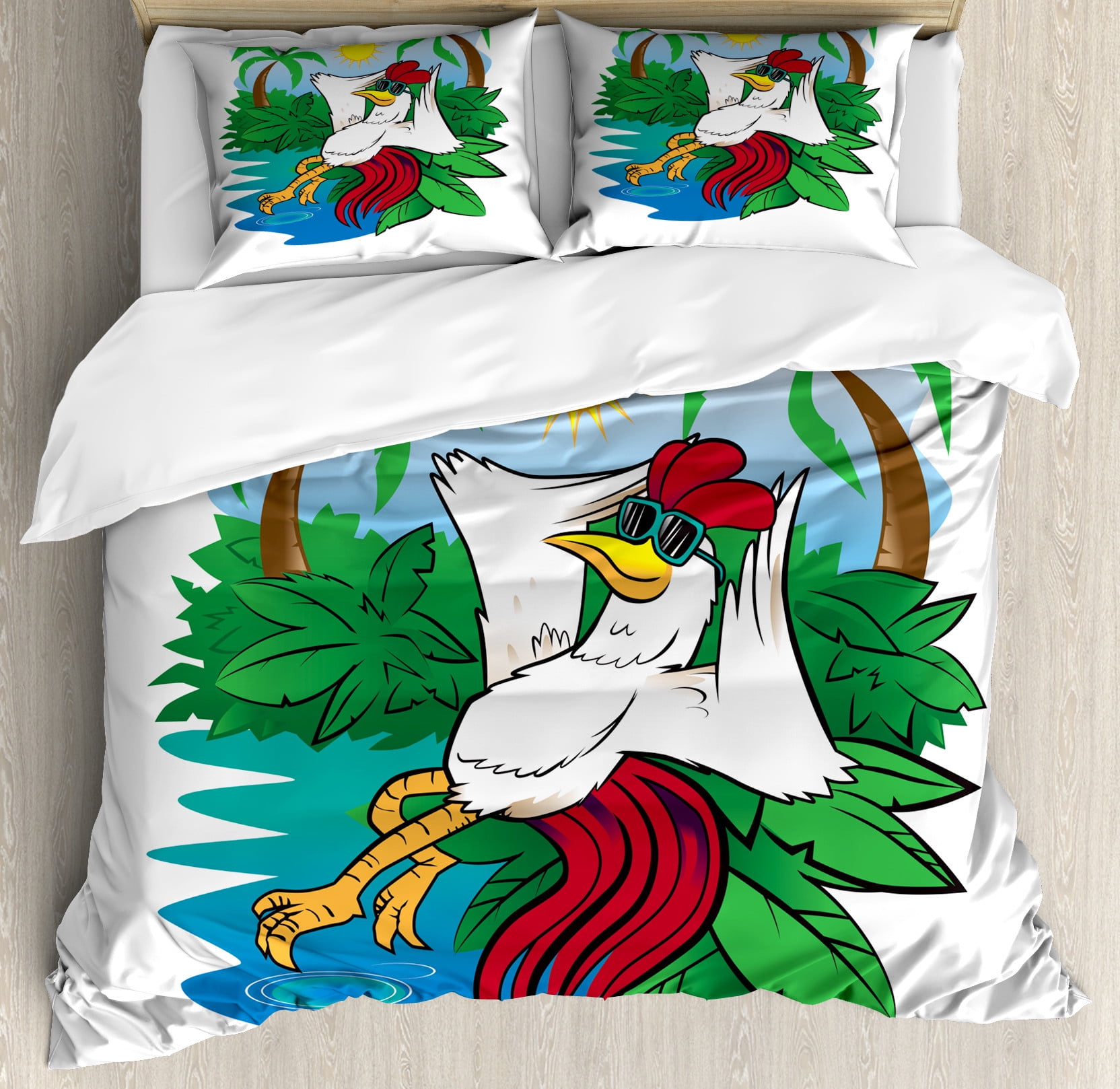 Sunglasses Duvet Cover Set, Tropical Layout of a Rooster in Paradise ...