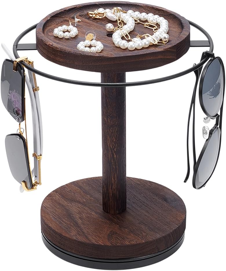 Sunglasses Organizer 360° Rotating Eyeglass Holder Stand with Wood Tray ...