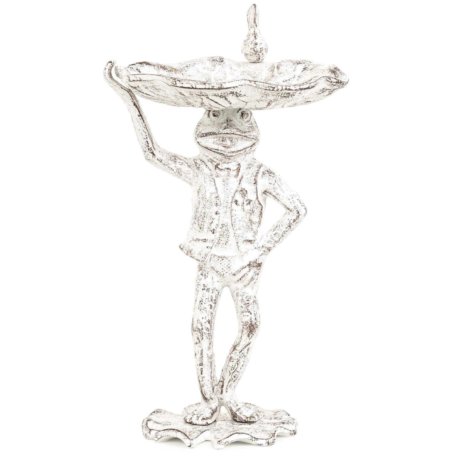 Sungmor Cast Iron Frog Bird Feeder, Garden Frog Statue Holding Leaf Outdoor Small Bird Bath Bowl ...