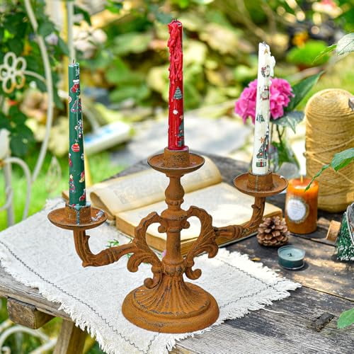Sungmor Rusty Cast Iron 3 Arm Candelabra, 9.2" Tall Vintage Candlestick ...