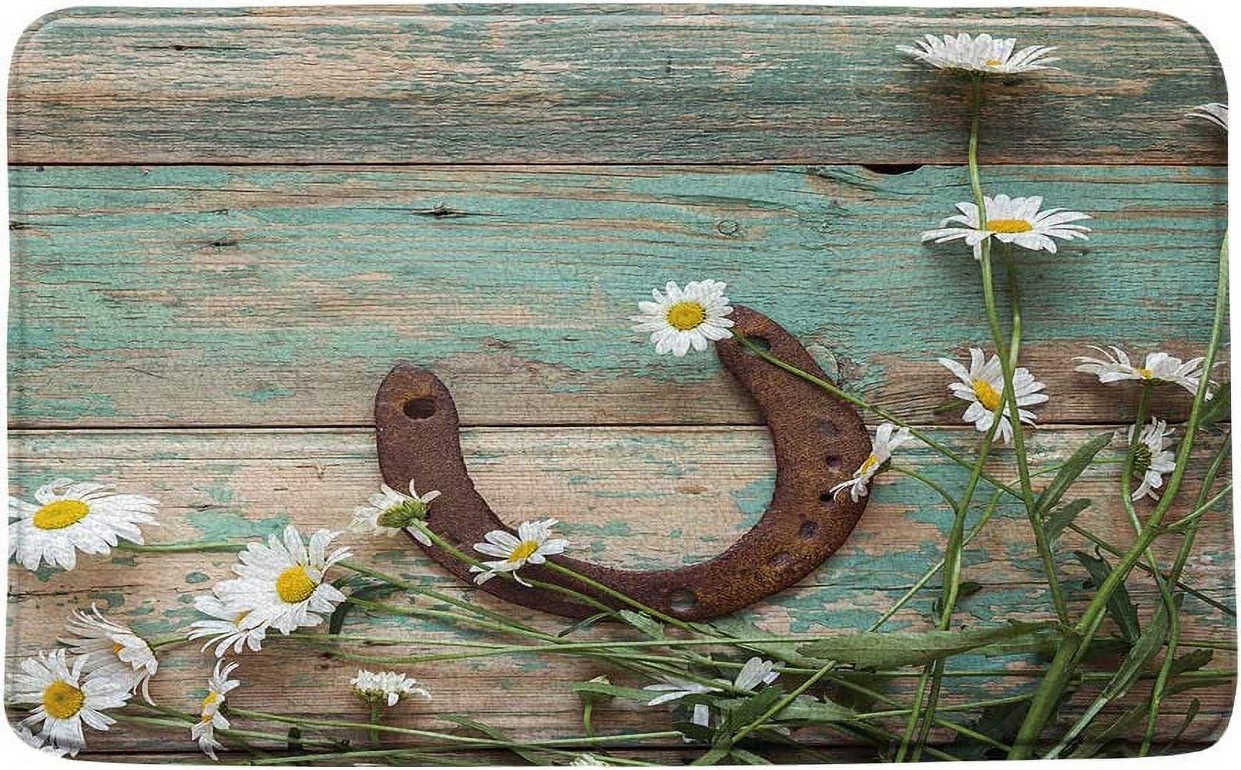 Sunhe Rustic Farmhouse Flower Bath Mat Teal Brown Barn Door Wooden ...