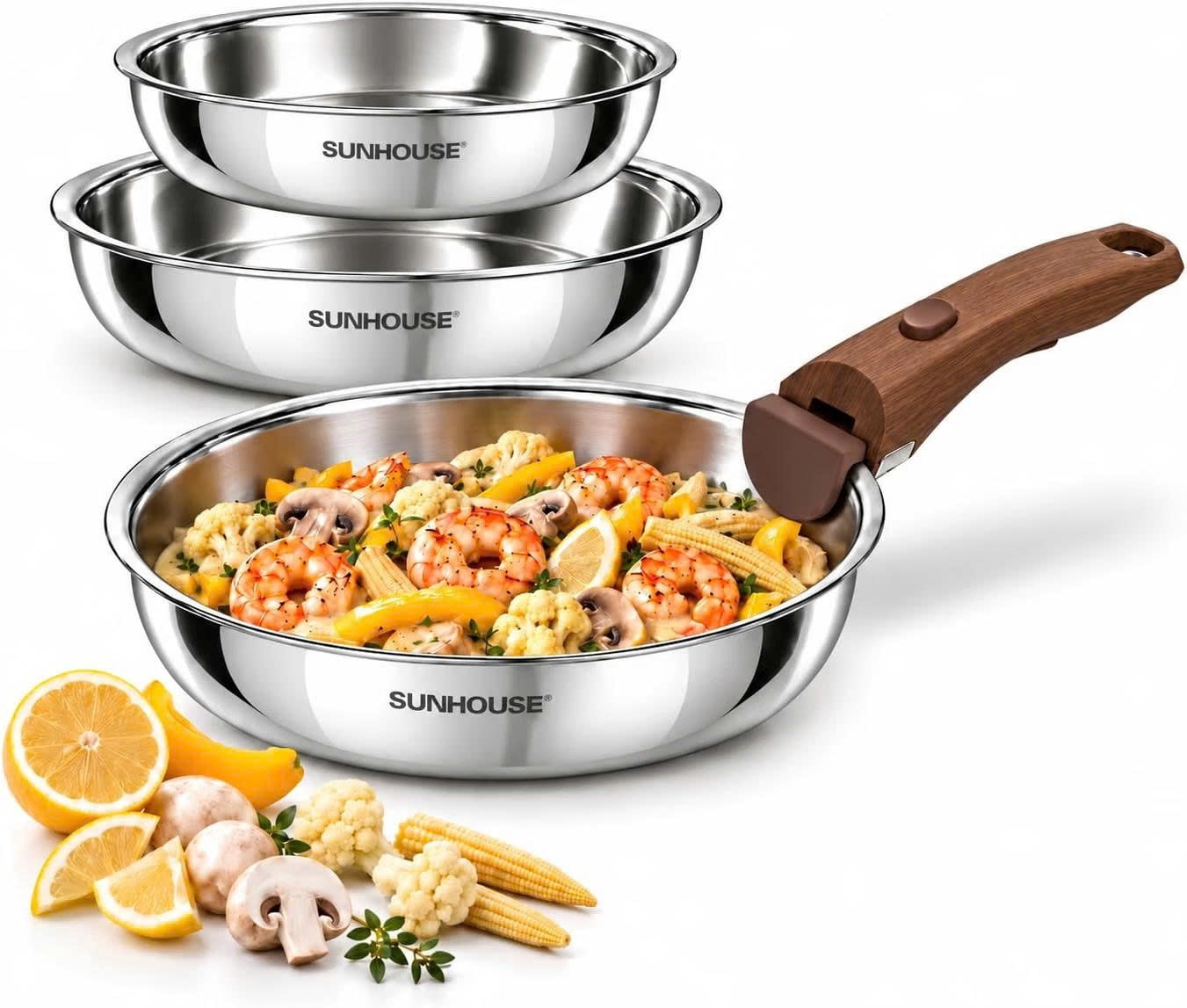 Sunhouse Stainless Steel Frying Pan Set, Detachable Handle, 8/9.5/11 ...