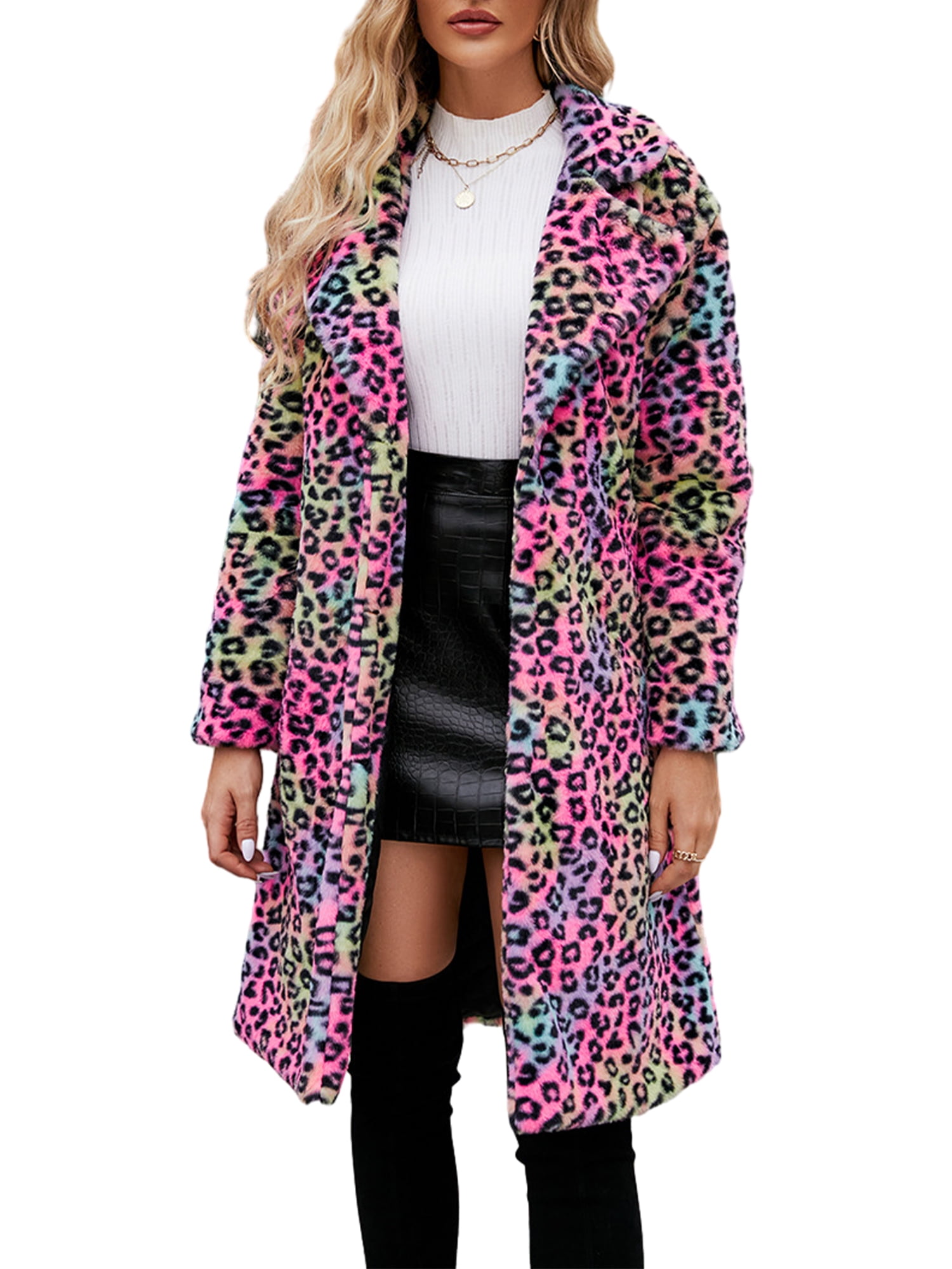 Sunisery Ladies' Leopard Print Faux Fur Coat, Long Sleeve Fleece ...